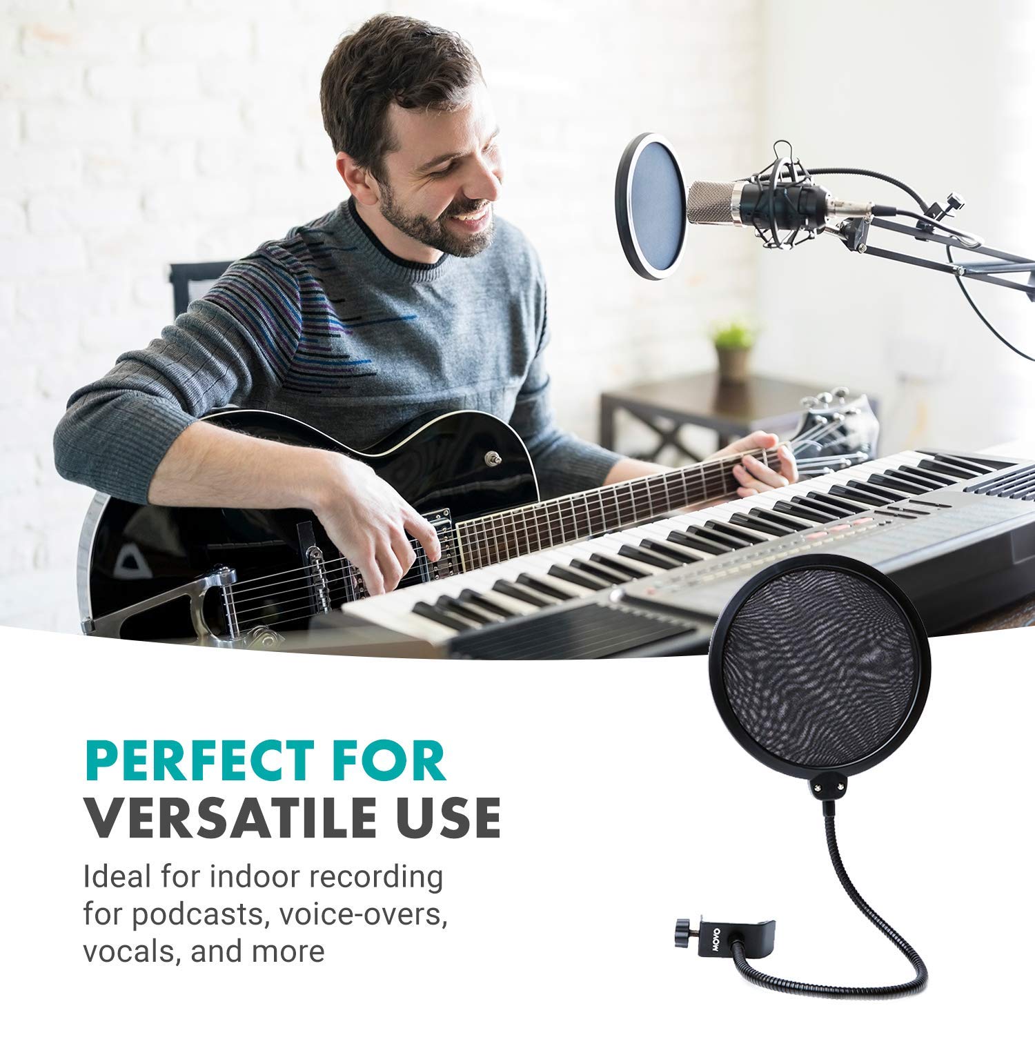 Movo PF-6 Dual Layer Nylon Mesh Microphone Pop filter, Gooseneck Arm and Clamp Mount. Pop Filter Delivers Professional Sound Quality Compatible with Blue Yeti, Blue Snowball Microphones and more