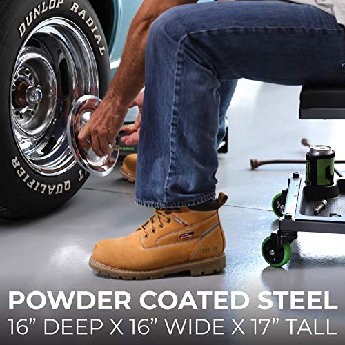 MYCHANIC Fastback Shop Stool - Rolling Garage Stool - 350 Lb Capacity - 3-Inch Casters - Tool Tray with Socket Organizer - Padded Seat - Powder Coated Steel Frame