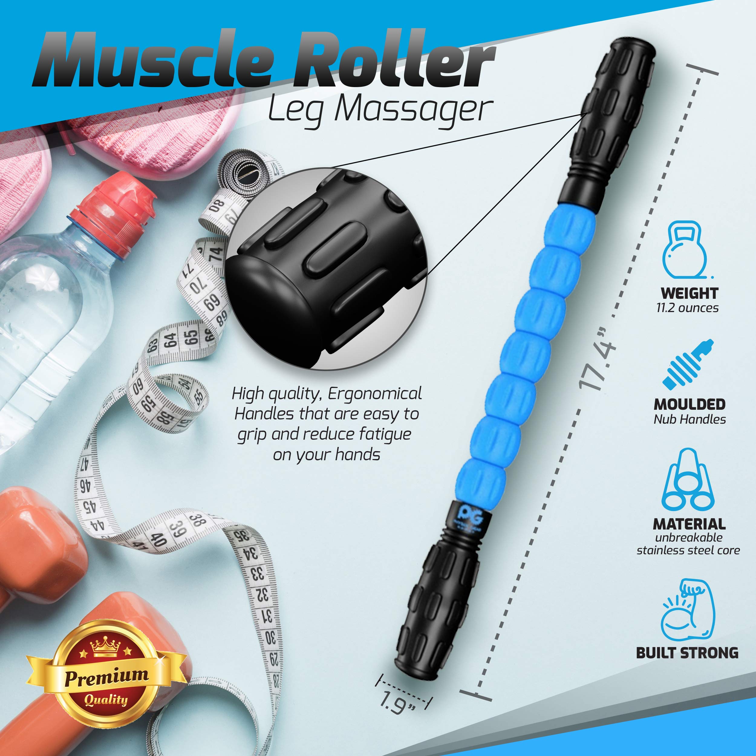 Massage Roller Stick Pro - Best Body Roller for Muscles Deep Tissue, Sore Calf, Cramps, Back Tightness, Knots, Myofascial Release Physical Therapy, Recovery - Muscle Roller Stick for Athletes (Blue)