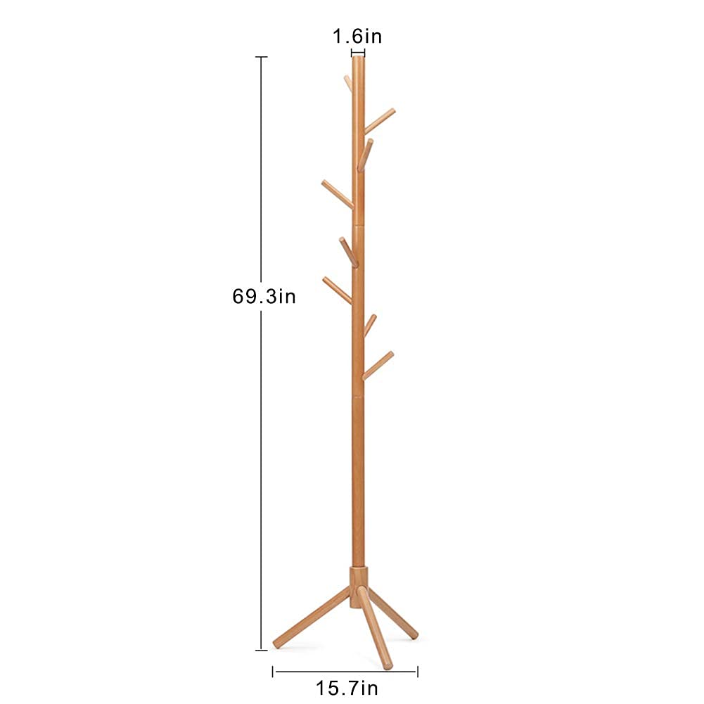 Ollorata High-Grade Wooden Tree Coat Rack Stand, 8 Hooks and 3 Adjustable Heights Entryway Coat Tree Coat Hanger Stand for Home Office, Easy Assembly Coat Rack Freestanding, Bold Natural