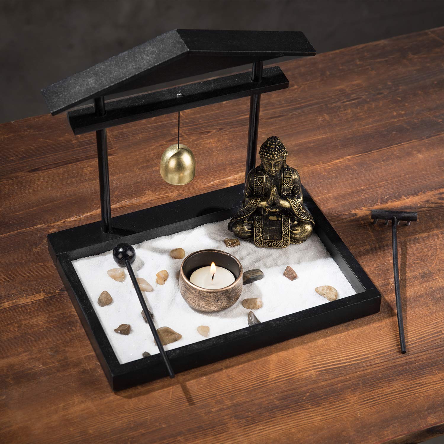 MyGift Mini Zen Sand Garden Set with Buddha Statue, Bell, Rake, Candle Holder & Tray