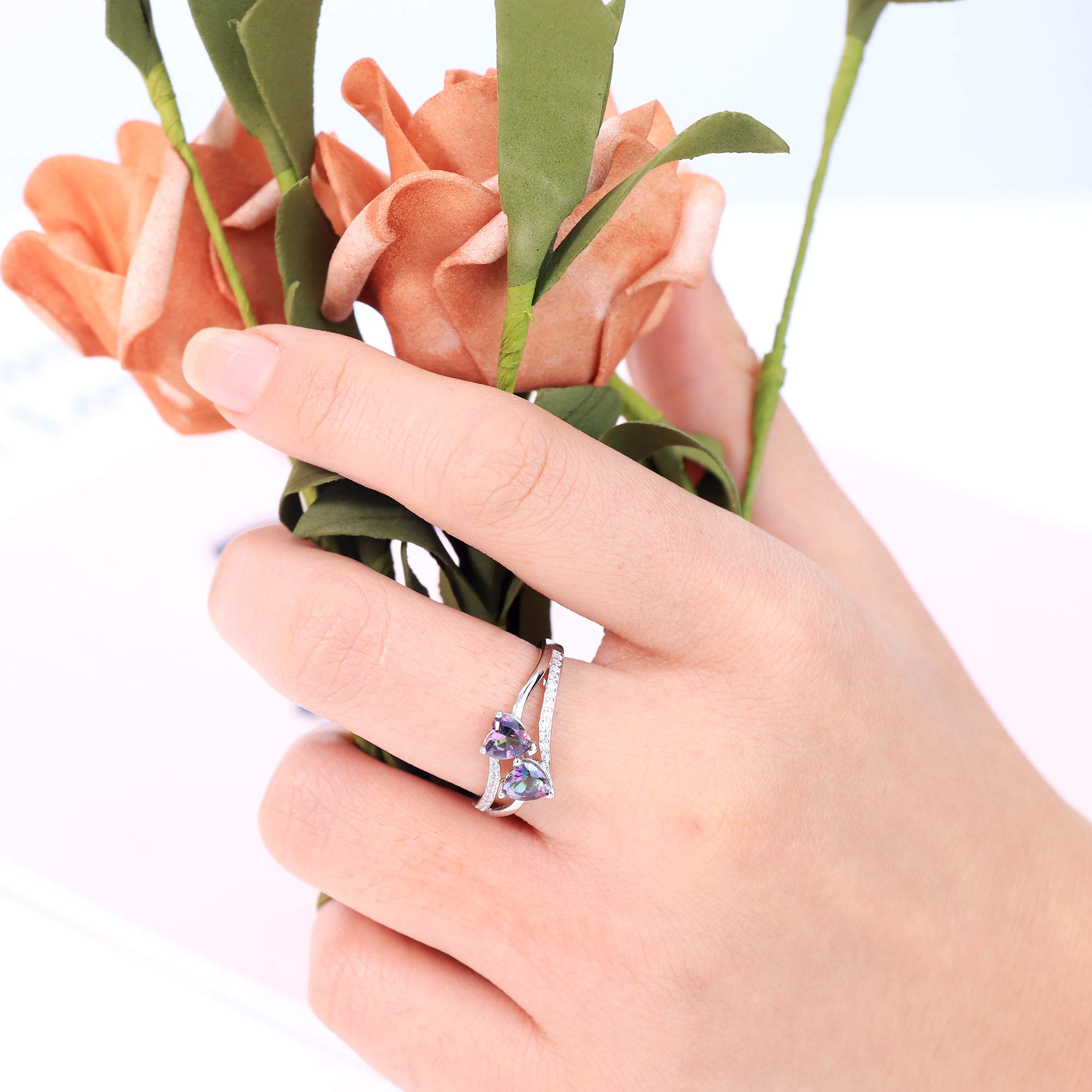 Milacolato 925 Sterling Silver Promise Ring for Her 18K White Gold Plated Double Stone Ring Heart Birthstones Toi et Moi Engagement Ring Jewelry Size 7