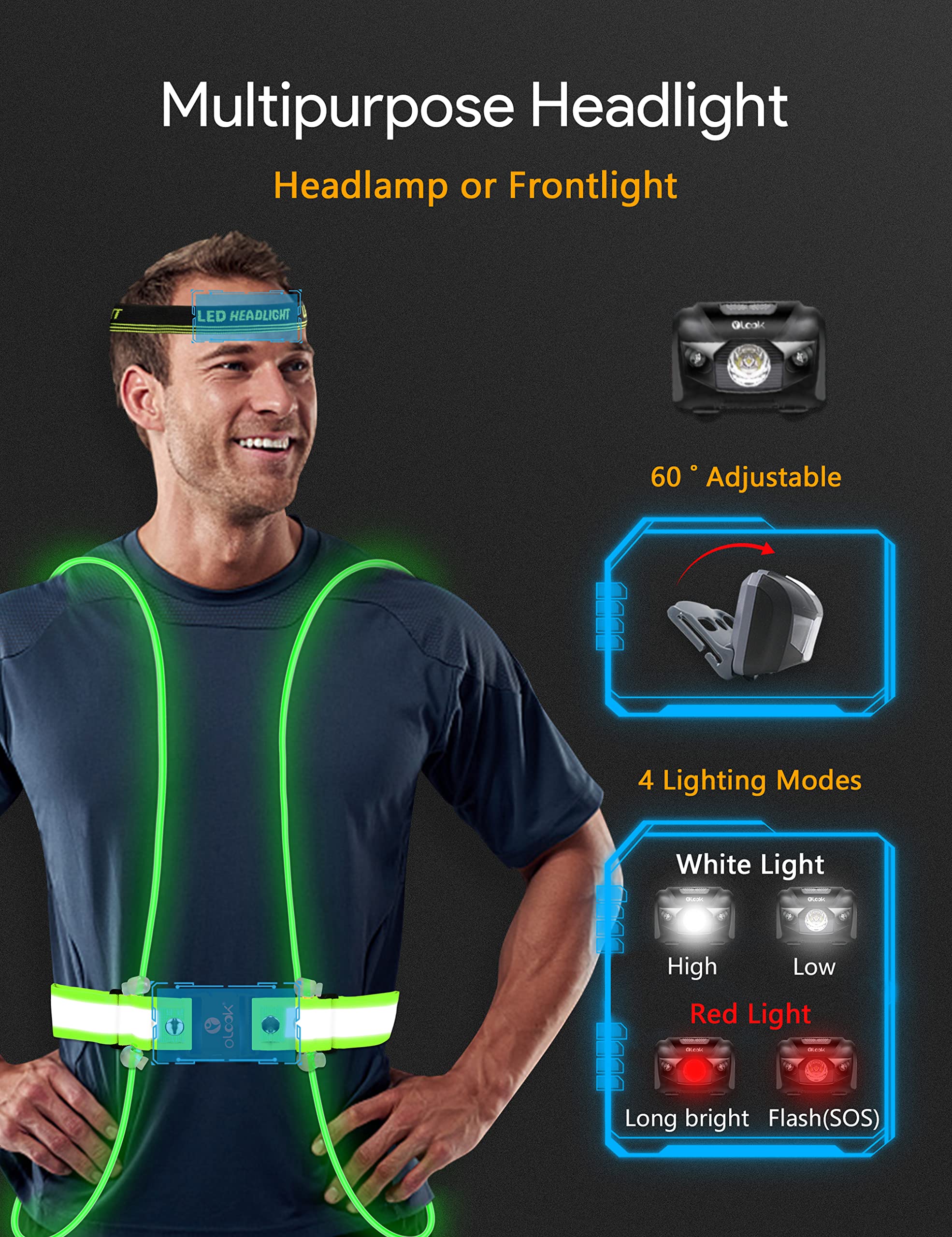 Olook High Visibility LED Light Up Vest with Running Light, 360° Reflective Safety Gear for Night Running, Cycling, Joggers, Rechargeable and Waterproof, L-Green(Patent Pending)