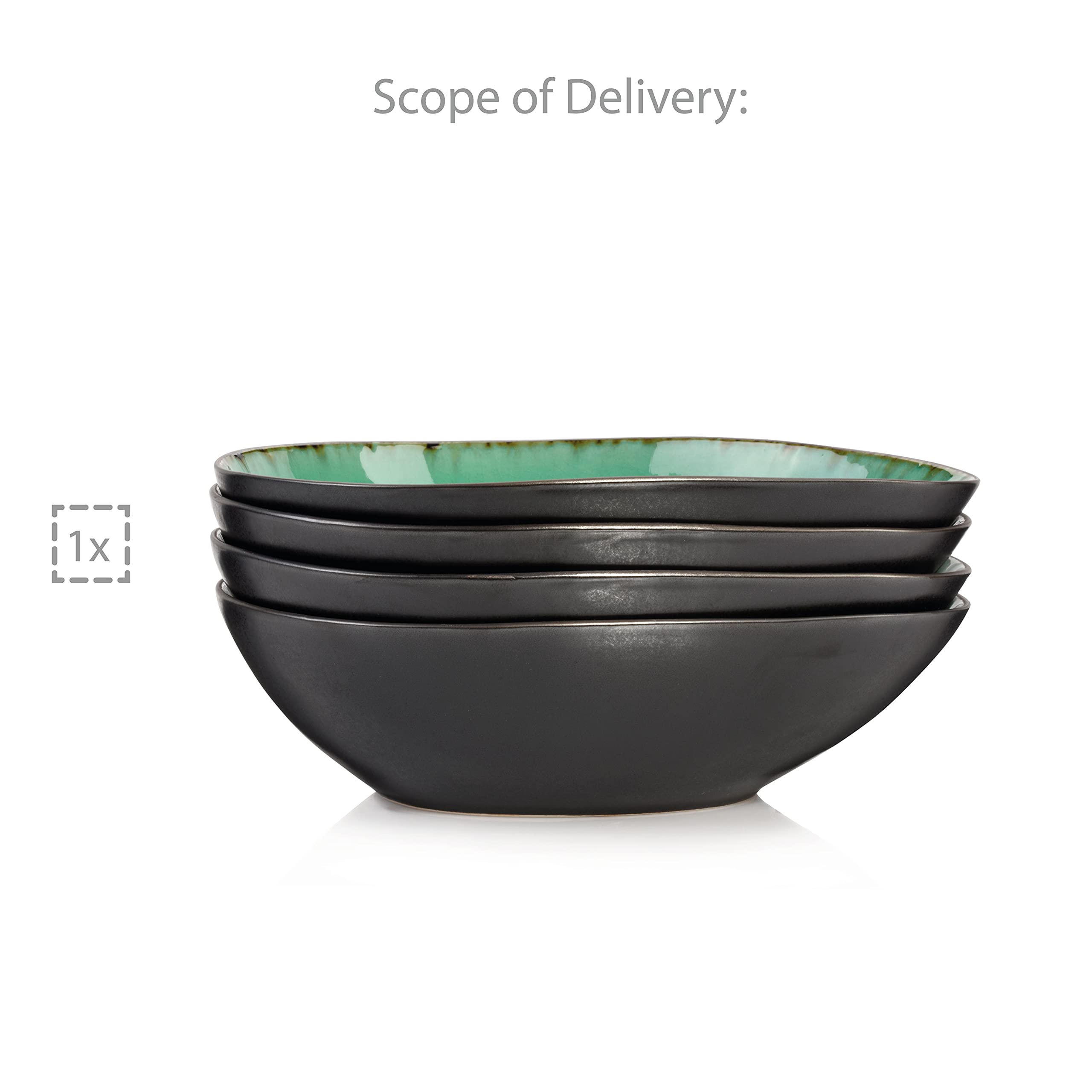 Sänger | Salad bowl Palm Beach 4 pieces, bowl for salad 4 people, stoneware tableware set for salad, handmade salad plate dishwasher safe multifunctional, salad plate green with black accents | 760ml