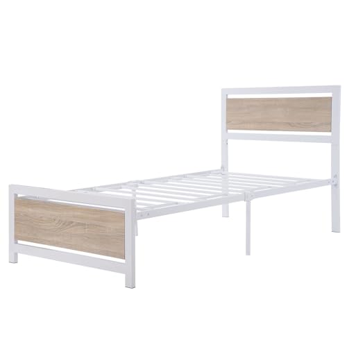Metal and Wood Bed Frame with Headboard and Footboard, Twin Size Platform Bed, No Box Spring Needed, Easy to Assemble(White)