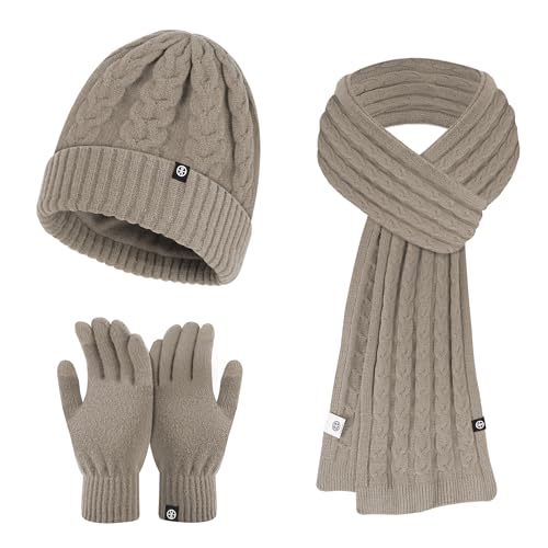 Women's Winter Beanie Hats Scarf Touchscreen Gloves for women men Warm Set Cable Knit Slouchy Cap with Fleece Lined (KHAKI)
