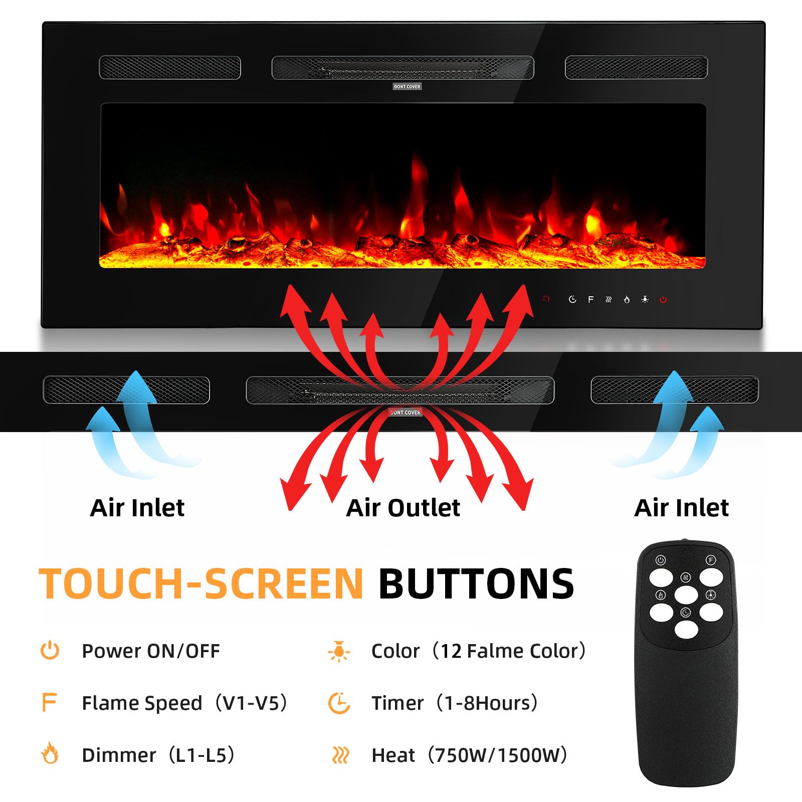SANHSEHOME Electric Fireplace Inserts 40 Inch Wide Wall Fireplace Electric with Remote Control Electric Fireplace Wall Mounted Recessed with 12 Flame Colors Fake Log & Crystal 1-8h Timer 750W/1500W