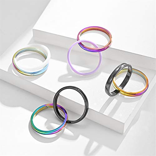 PAMTIER Women's 3mm Stainless Steel Ceramic Two Interlocked Stackable Eternity Rolling Promise Ring Plain Wedding Band Rainbow Purple Size 8