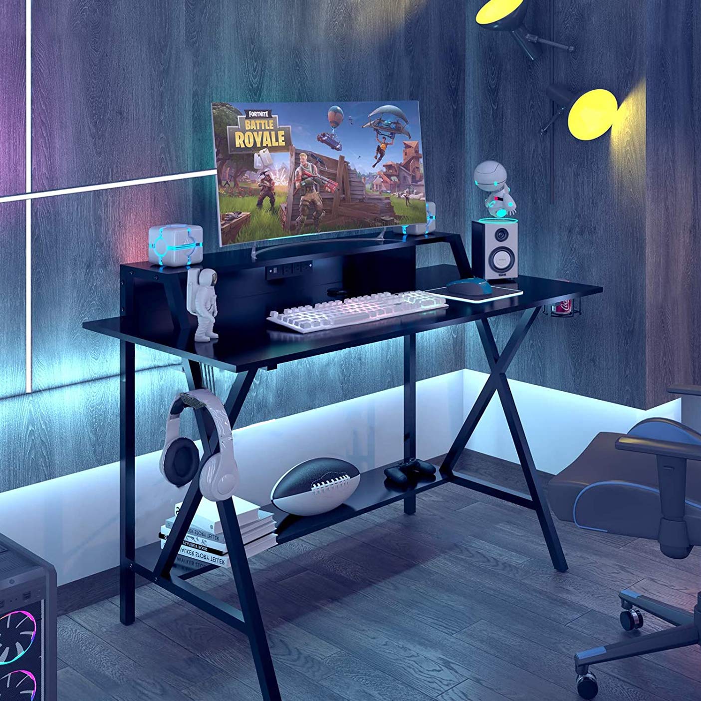 POWERSTONE Gaming Desk - 46” Gaming Computer Desk Office Desk Racing Style PC Gamer Desk Large Writing Workstation Black Home Table