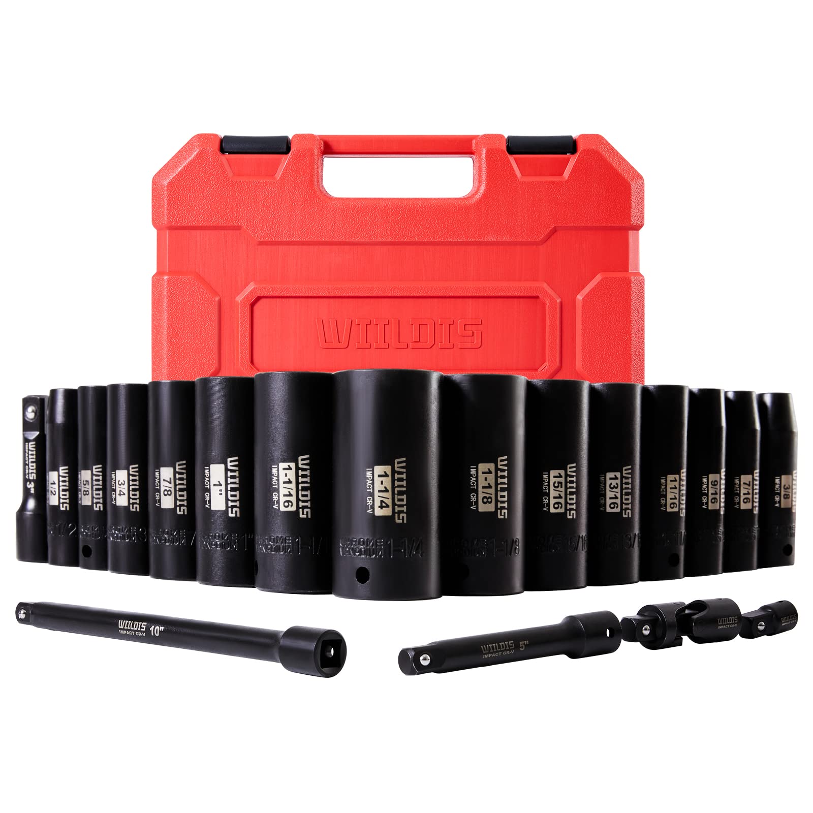WIILDIS 1/4" Drive Impact Socket Set, 54-Piece, 6-Point, SAE/Metric, 5/32 Inch - 9/16 Inch, 4mm - 15mm, Standard/Deep,CR-V, Heavy Duty Storage Case for Household, Automotive Repair & DIY Project