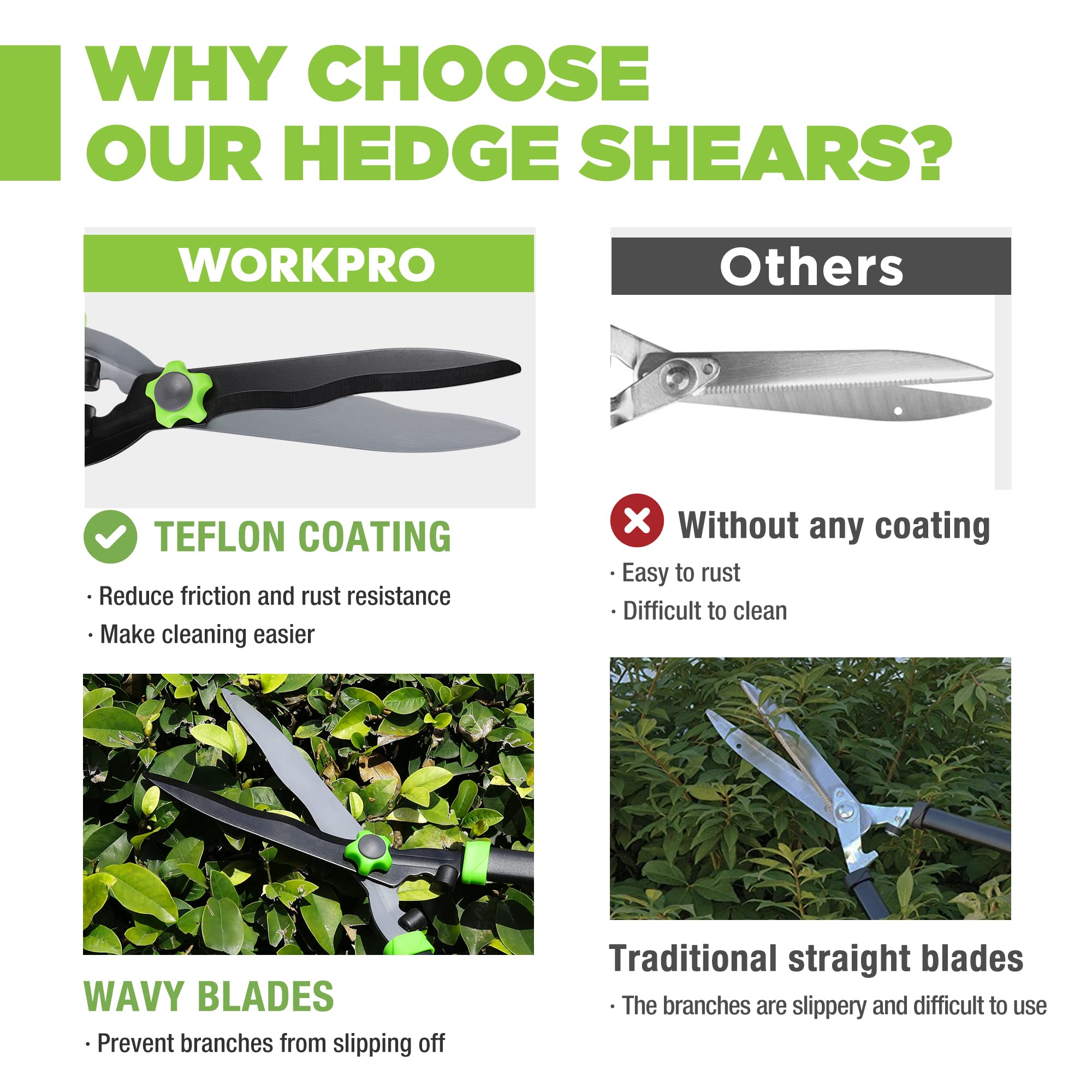 WORKPRO Hedge Shears, 23'' Manual Hedge Trimmers with Wavy Blade & Ergonomic Comfortable Handle, Home Garden Pruner Hedge Clippers Perfect for Trimming Borders, Boxwood, and Tall Bushes