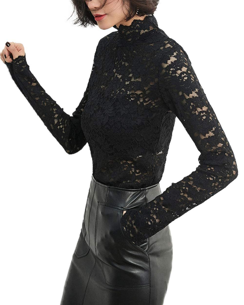 QiuDumo Lace Undershirt Long Sleeve T-Shirt Basic Layer Tee Slimming Top Black XL