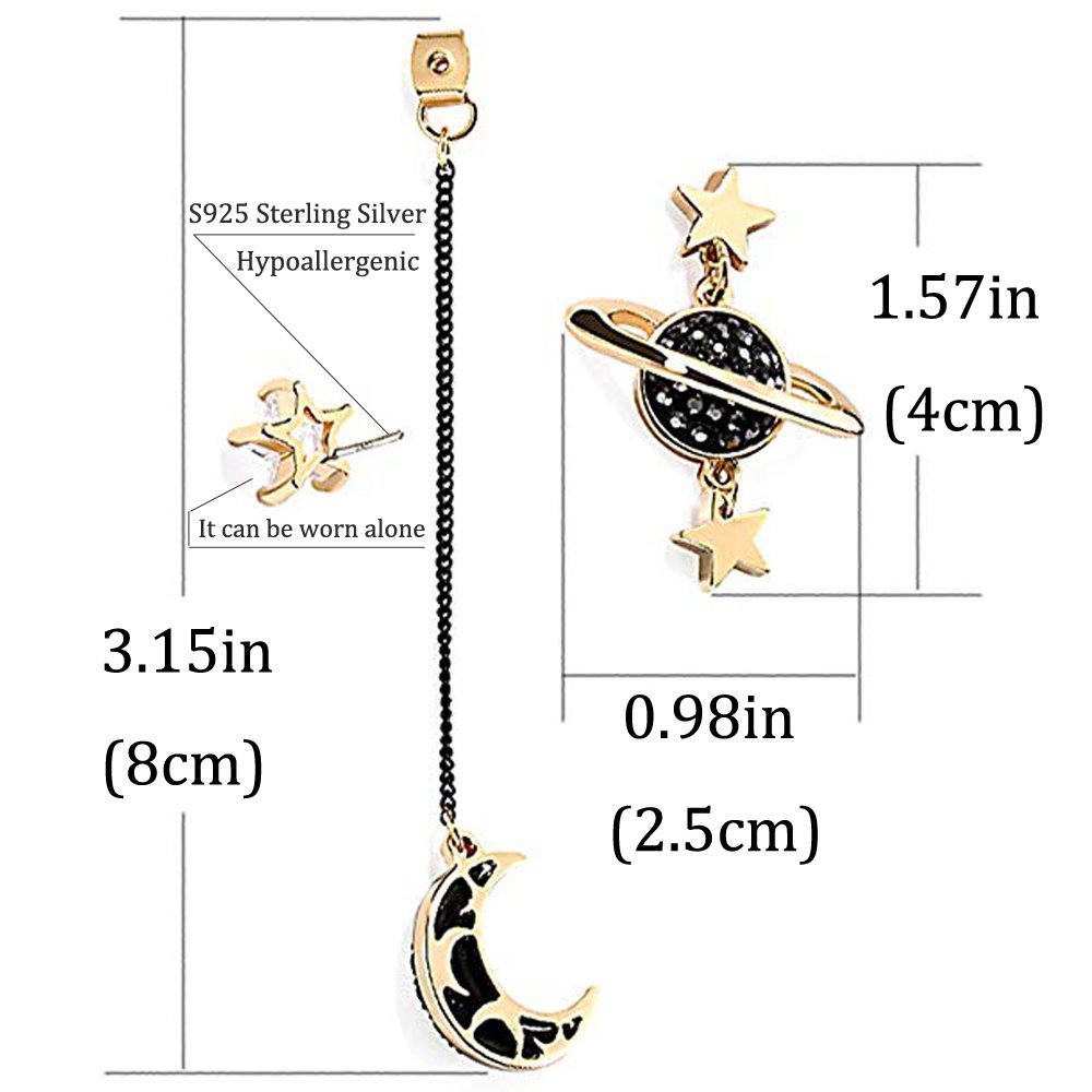 Moon And Star Dangle Earrings For Women Sterling Silver Hypoallergenic Sensitive Ears Unique Chic Kpop Asymmetry Design Boho Cubic Zirconia Planet Drop Earrings Jackets (Black)