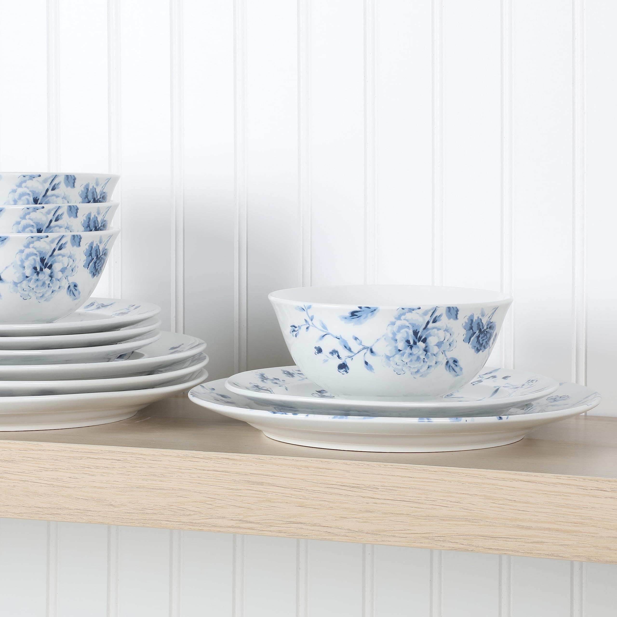 Martha Stewart Empress Bouquet Decorated Porcelain Dinnerware Plates and Bowls Set - Blue Floral, Service for 4 (12pcs)