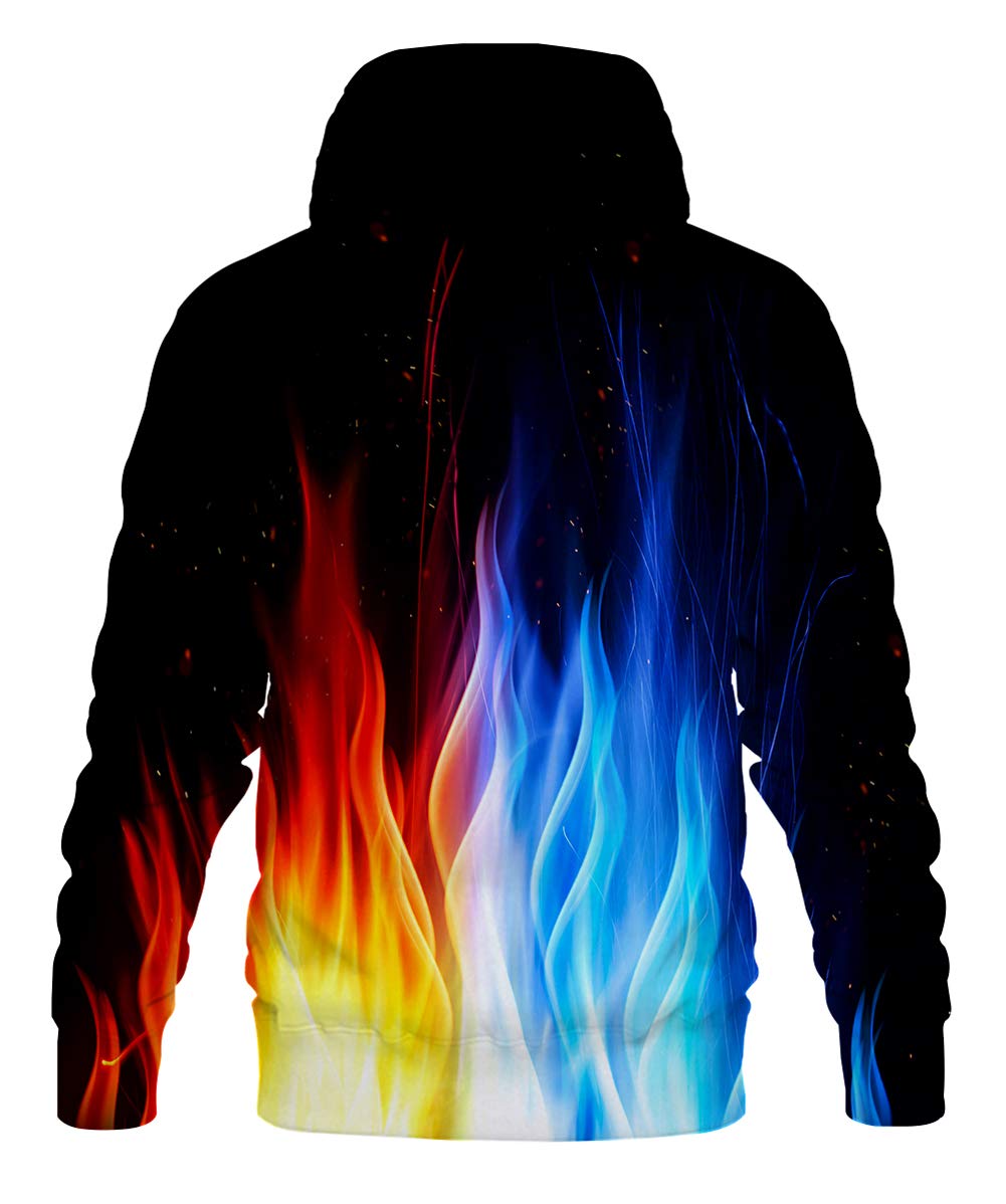 Neemanndy Red and Blue Fire Flame Graphic 3D Hoodies Realistic Print Outer Sports Sweaters for Men and Women, Large