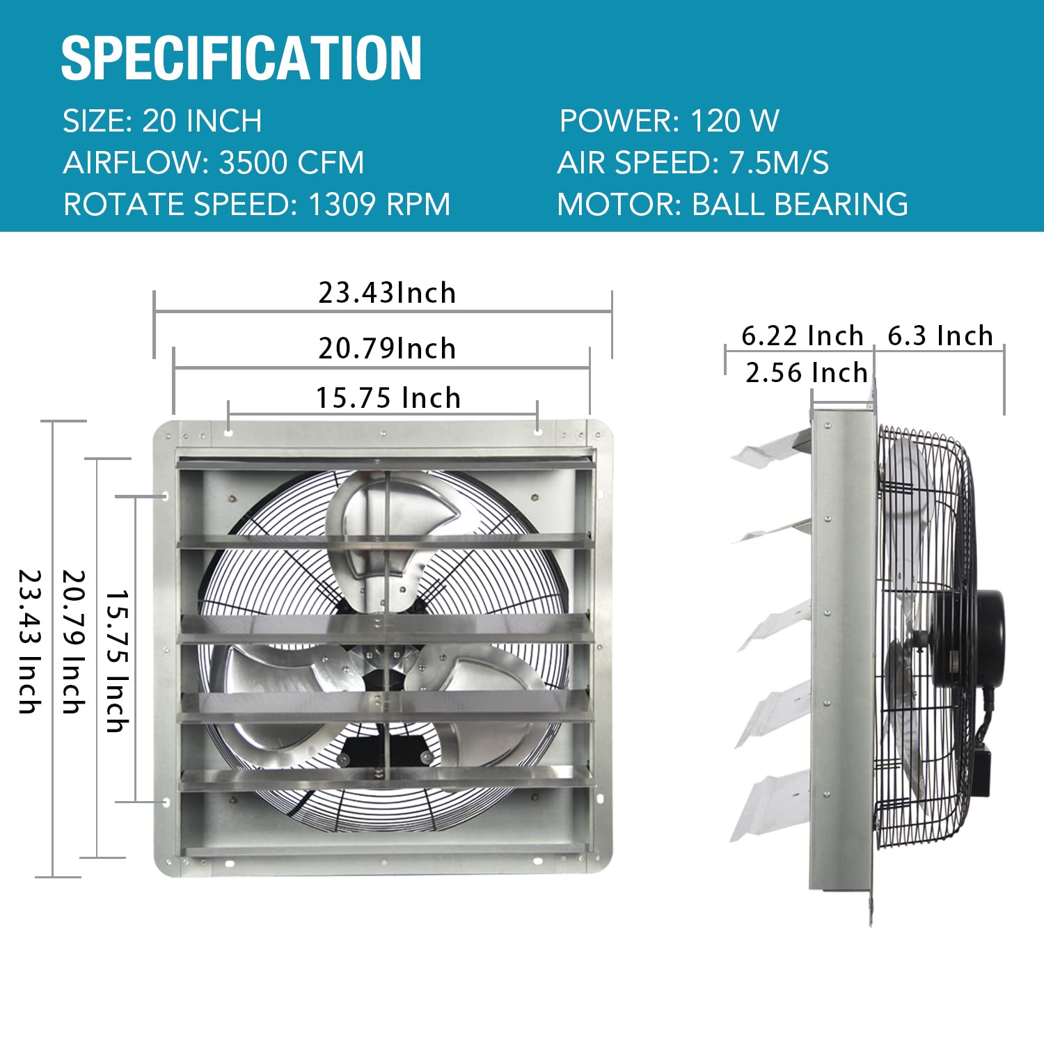 VENTISOL 20 Inch Shutter Exhaust Fan Wall Mounted, Aluminum with 1.65 Meters Power Cord Kit,High Speed 3500CFM, Ventilation fan for Garage,Greenhouse,Attic,Shed,Shop,Black