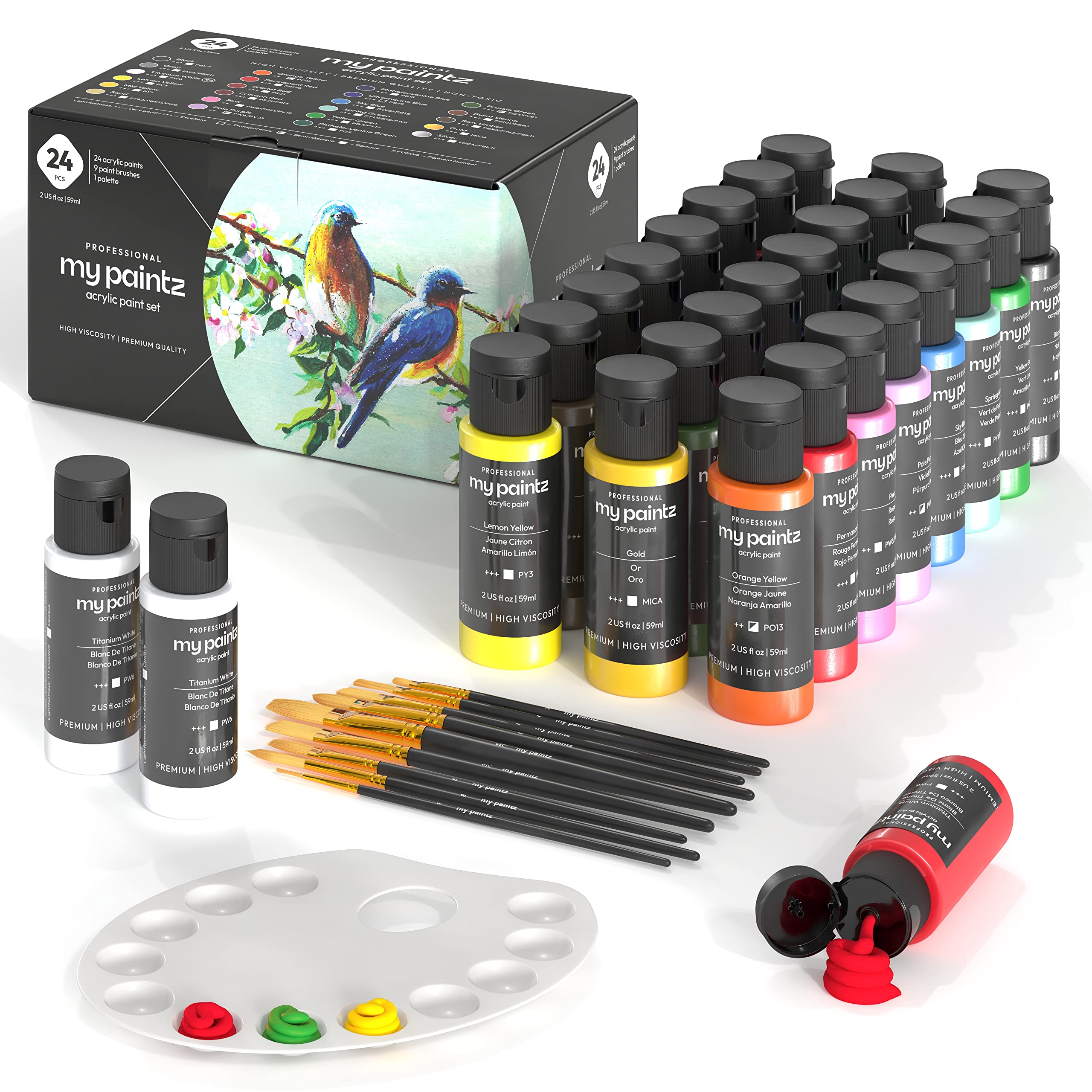 mypaintz Heavy Body Acrylic Paint Set - 24 Colors with 9 Brushes and Pallet - Professional Acrylic Paint Kit (2oz/59ml) - Art Paint - 2 Whites - Thick Paint
