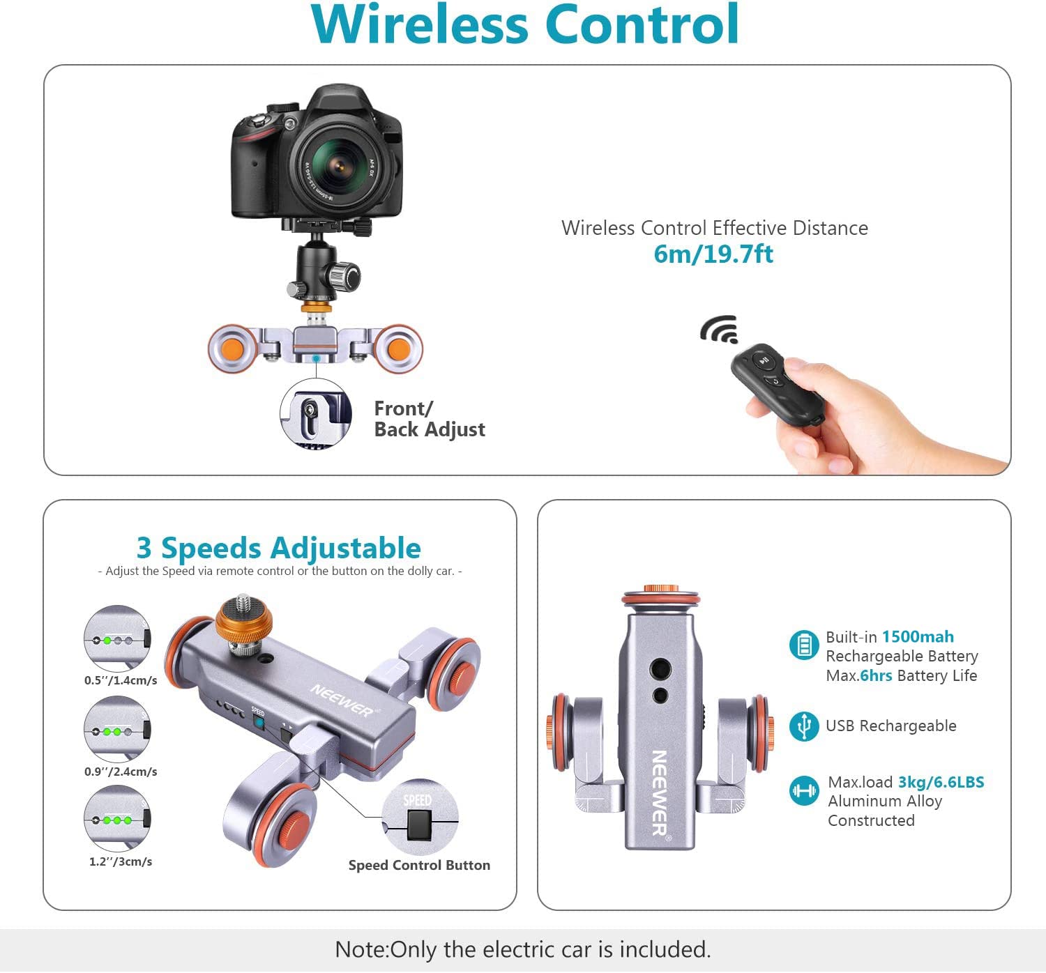 Neewer 3-Wheels Wirelesss Camera Video Auto Dolly, Motorized Electric Track Rail Slider Dolly Car with Remote, 3 Speed Adjustable for DSLR Camera Camcorder GoPro iPhone Android Phones (Silver)