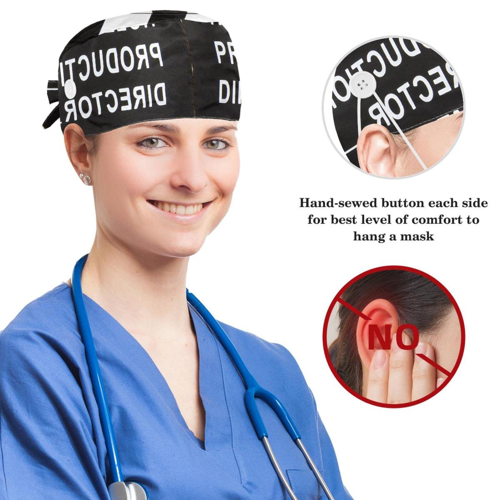 Movie Cinema Lapper Board Nurse Scrub Caps Women Long Hair Adjustable Working Cap with Button and Bow Hair Scrunchie