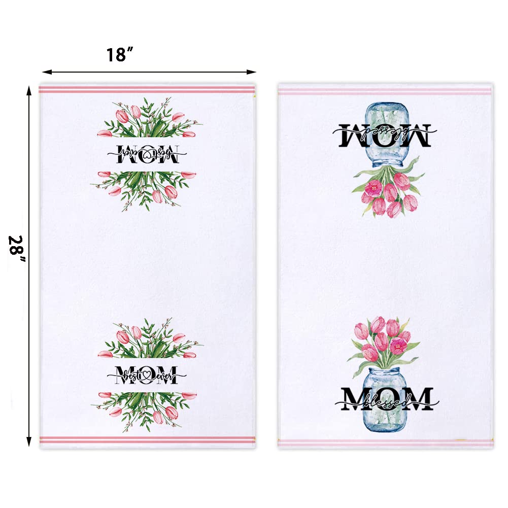 Secarond Blssed Mom Tulip Mason Jar Kitchen Dish Towel 18 x 28 Inch Set of 2, Happy Mother's Day Spring Summer Floral Tea Towels Gift Dish Cloth for Cooking Baking