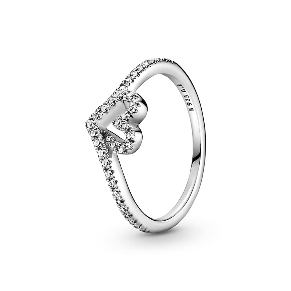 Pandora Jewelry Sparkling Wishbone Heart Ring for Women - Sterling Silver with Cubic Zirconia - Size 4.5, No Box