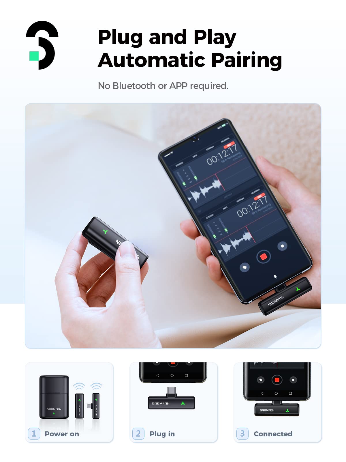 SOOMFON Wireless Lavalier Microphone for Android Phone Professional 2.4GHz Bluetooth Lapel Mic with Charging Case, Mini Clip on Microphone for Recording, YouTube, Vlog, Live Stream, TikTok and More