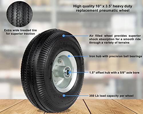 Vergo Pneumatic Wheels 2-Pack Heavy Duty Air Filled Dolly Replacement Wheels - Threaded Tires, Hand Truck Wheels 10" x 3.5” with 5/8" Axle Bore Hole, Offset Hub