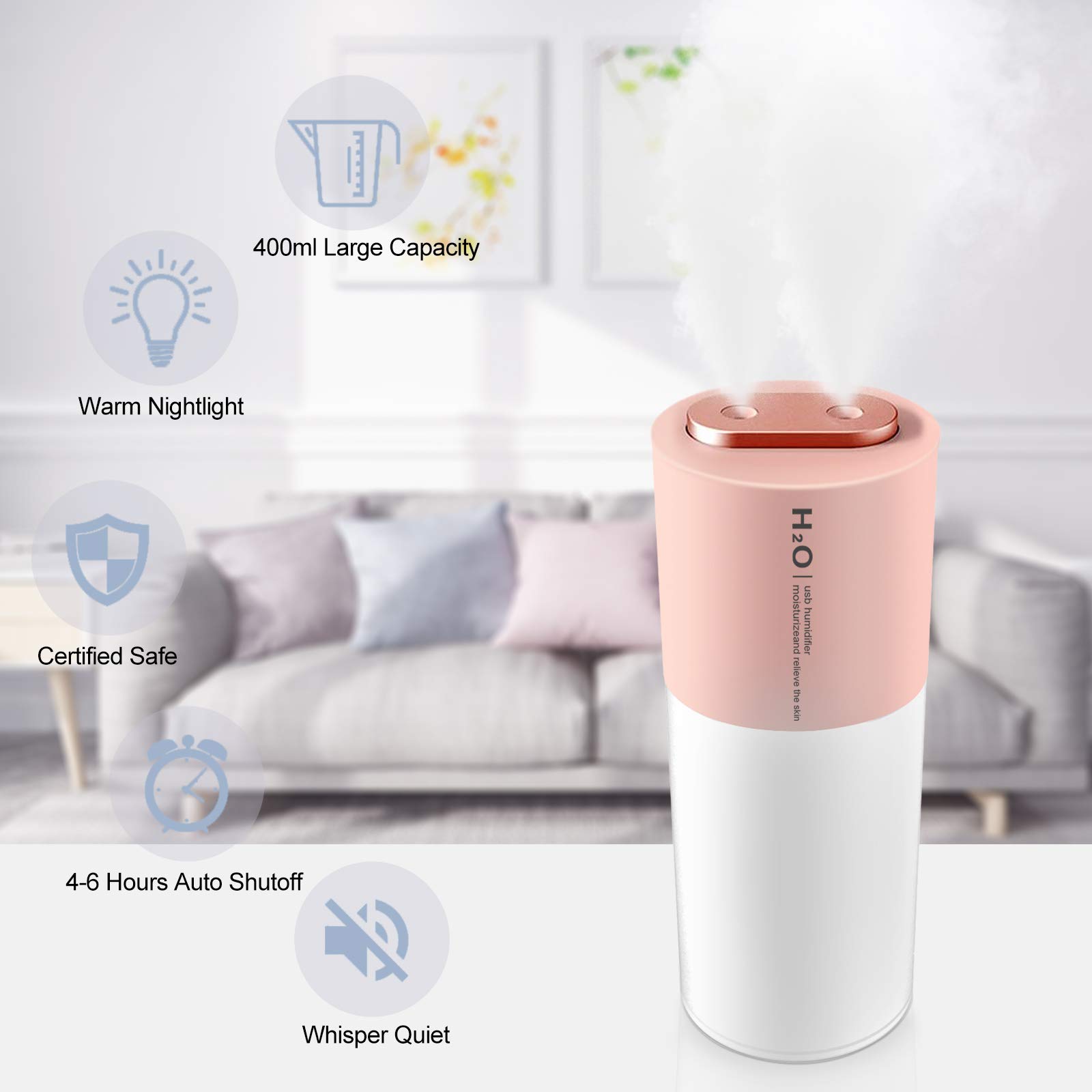 Mini Portable Humidifier for Car Office Desk, 400ML USB Rechargeable Little Cool Mist Humidifier, Cup Holder Car Humidifier Diffuser for Home, Baby Room, Travel