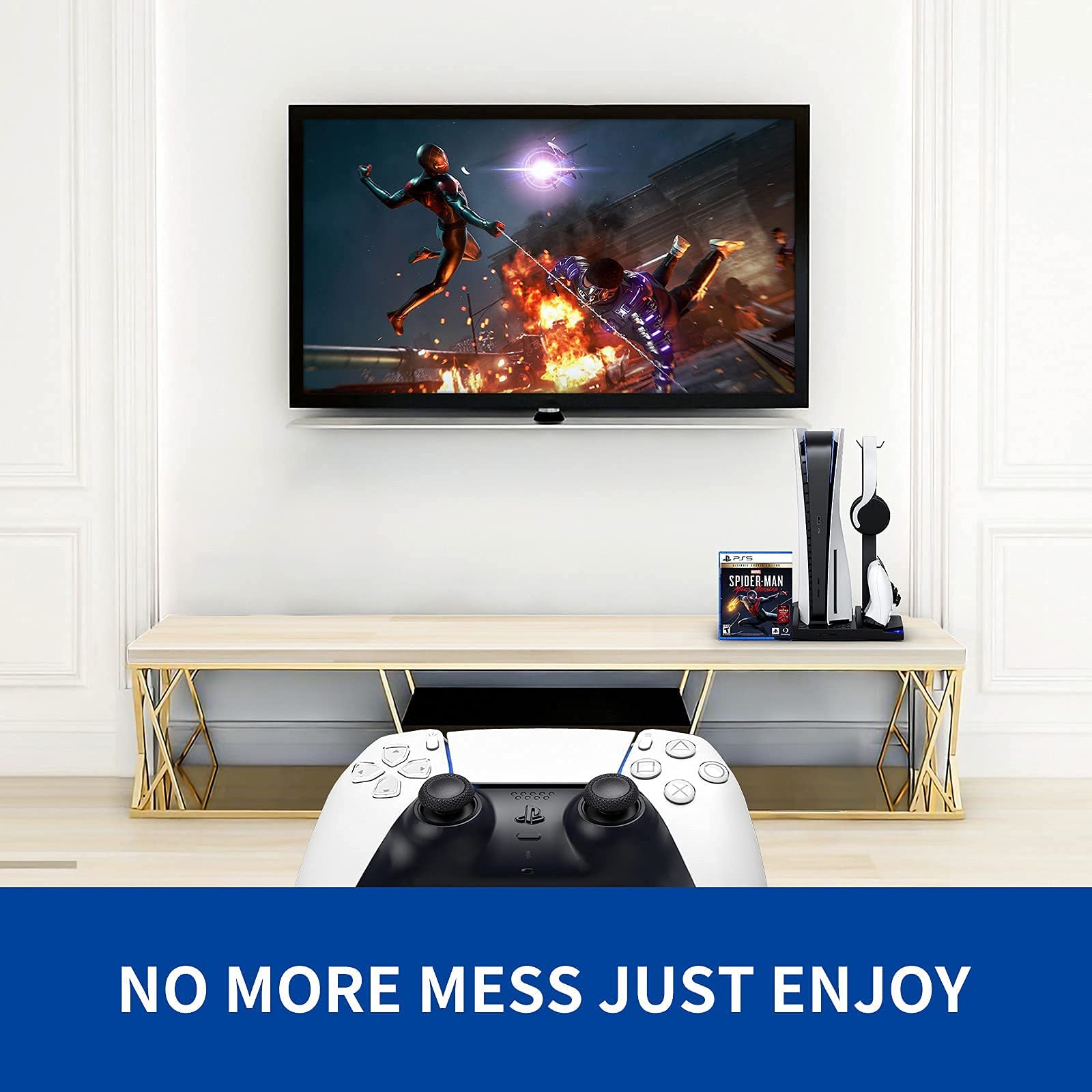 PS5 Accessories Cooling Stand with Headset Holder and AC Adapter, for PlayStation 5 Disc & Digital Editions Dual Controllers Charger，Game Disc Slots and Media Remote Organizer