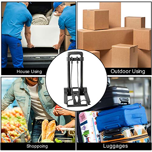 ZOENHOU 25KG 55Lbs Black Folding Hand Truck, Solid Construction Utility Cart, 2 Wheels Luggage Cart with 1 Roll Bungee Cord and 1 Pack Storage Pouch Compact, for Backpack, Travel, Office