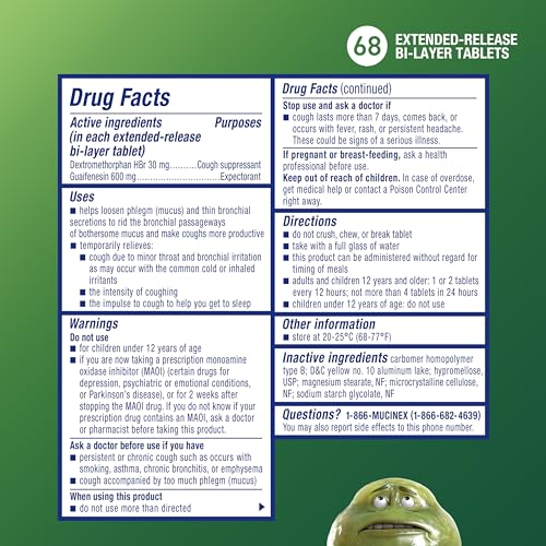 Mucinex DM 12Hr Chest Congestion & Cough Medicine For Adults, Cold And Cough Medicine for Excess Mucus Relief, 600 mg Guaifenesin & 30 mg Dextromethorphan HBr, 68 Bi-Layer Tablets
