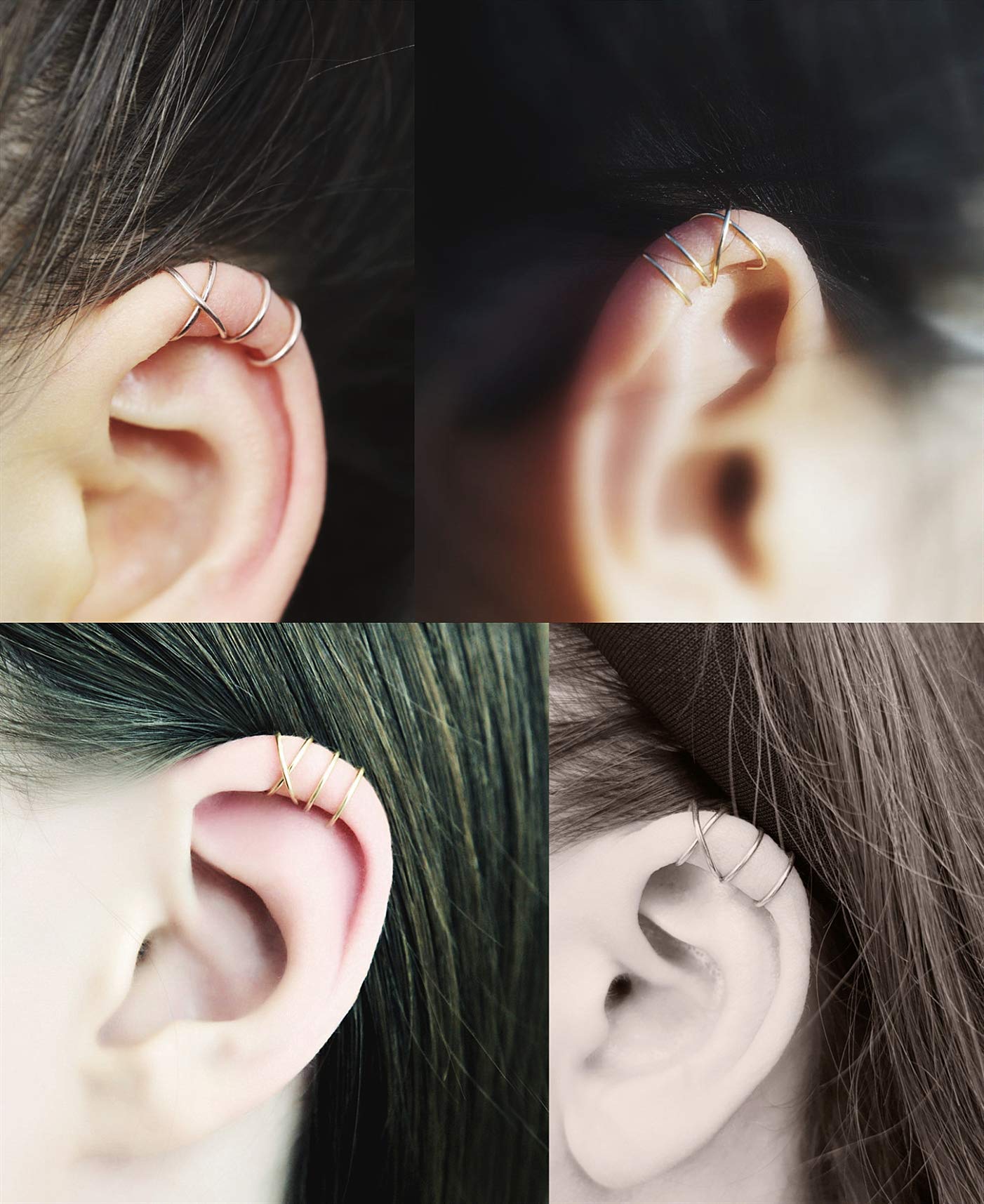 Minimalist 4 PCS S925 Sterling Silver Criss Cross Ear Cuff No Pierce Ear Cuff Sets Double Simple Lines Ear Cuff Fake Cartilage Earring Helix Piercing(4PCS)