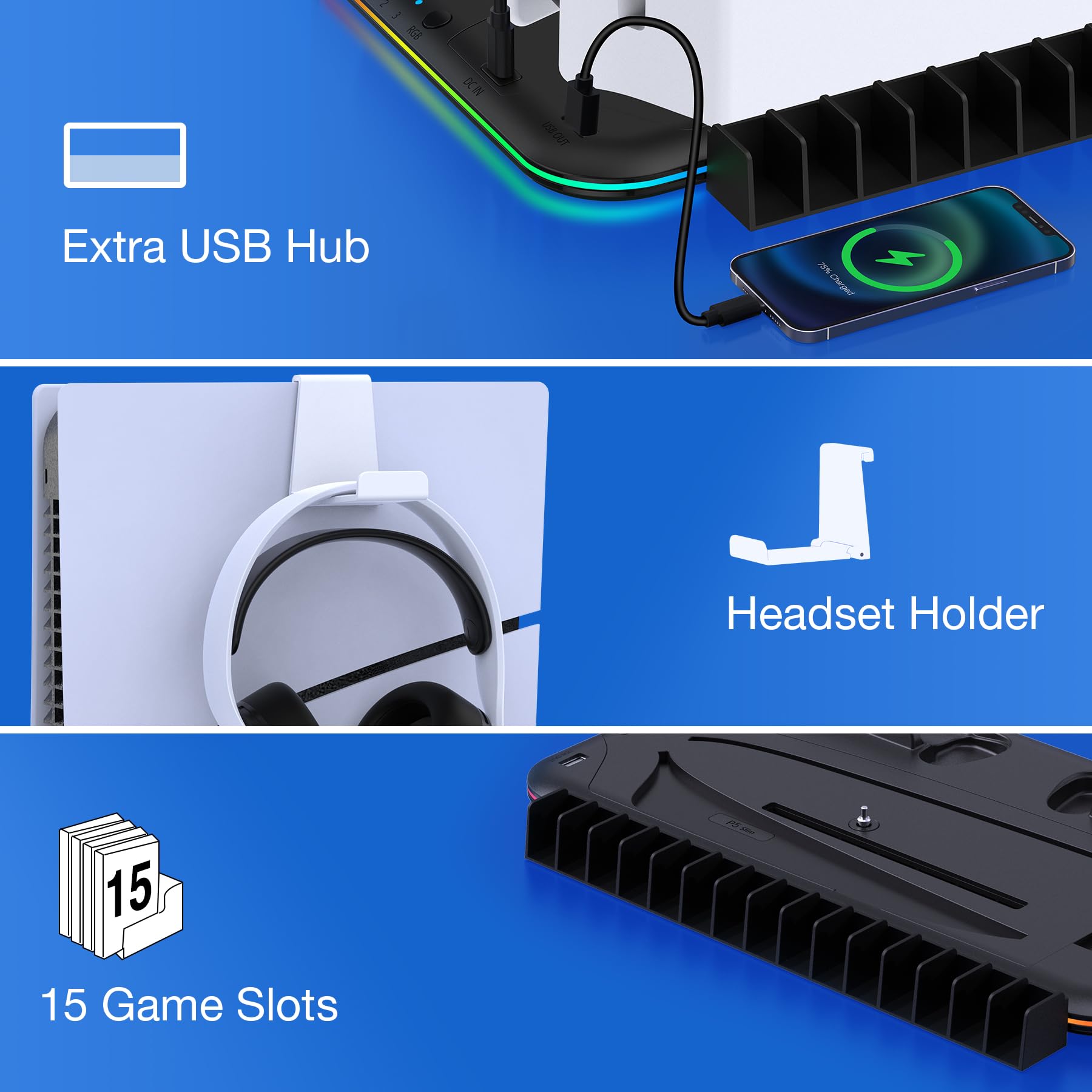 PS5 Stand Cooling Station with Controller Charging Station for Playstation 5 Console, PS5 Accessories with Cooling Fan for PS5 Digital & Disc, Headset Holder, 11 Slot-White (Not Fit 2023 PS5 Slim)