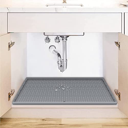 Under Sink Mat for Kitchen, 34" x 22" Silicone Tray for Bottom of Kitchen Cabinet to Protector for Drips Leaks Spills, Waterproof Under Sink Liner - Hold up to 2.5 Gallons