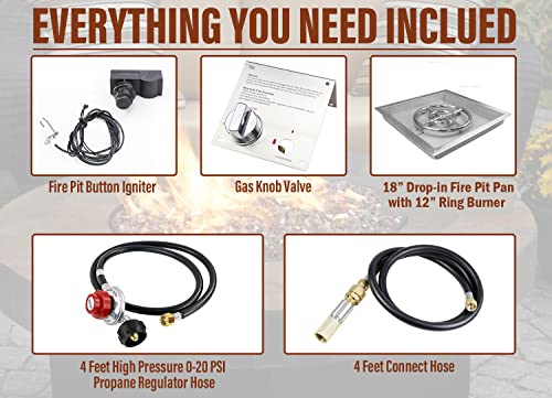 Uniflasy 18 Inch Square Drop-in Fire Pit Pan with 12" Round Burner Ring, 165k BTU Stainless Steel Fire Pit Pan with Spark Ignition and Propane Hose Kit for Indoor or Outdoor Fire Table/Fire Pit