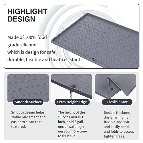 RUGICI Under Sink for Kitchen Bathroom Cabinets Protection Mats, 34" x 22" Waterproof Silicone Flexible Under Sink Drip Tray Liner with Drain Hole for Below Sinks Durable, Grey