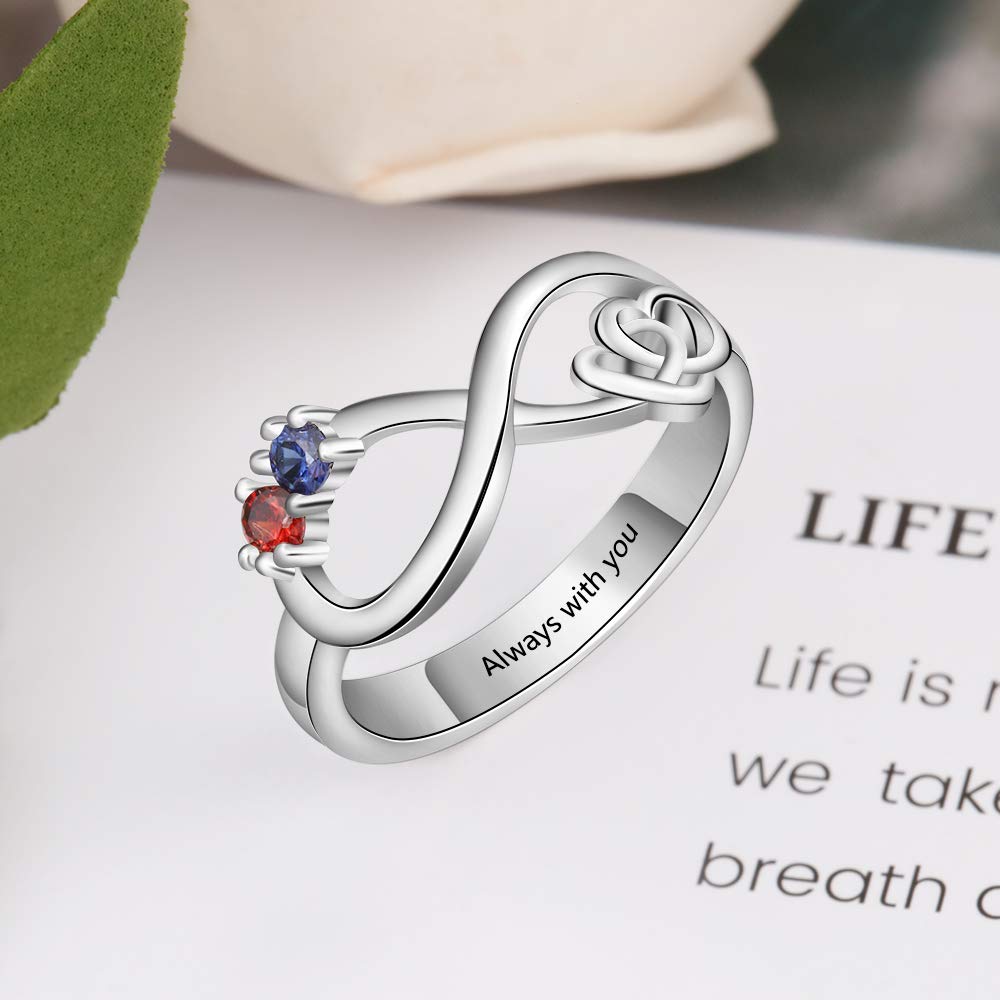 Molywoo Personalized Infinity Symbol Rings Double Hearts Best Friend Promise Rings with 2 Round Shape Simulated Birthstones Engraved Name Rings for Women Love Forever (6)