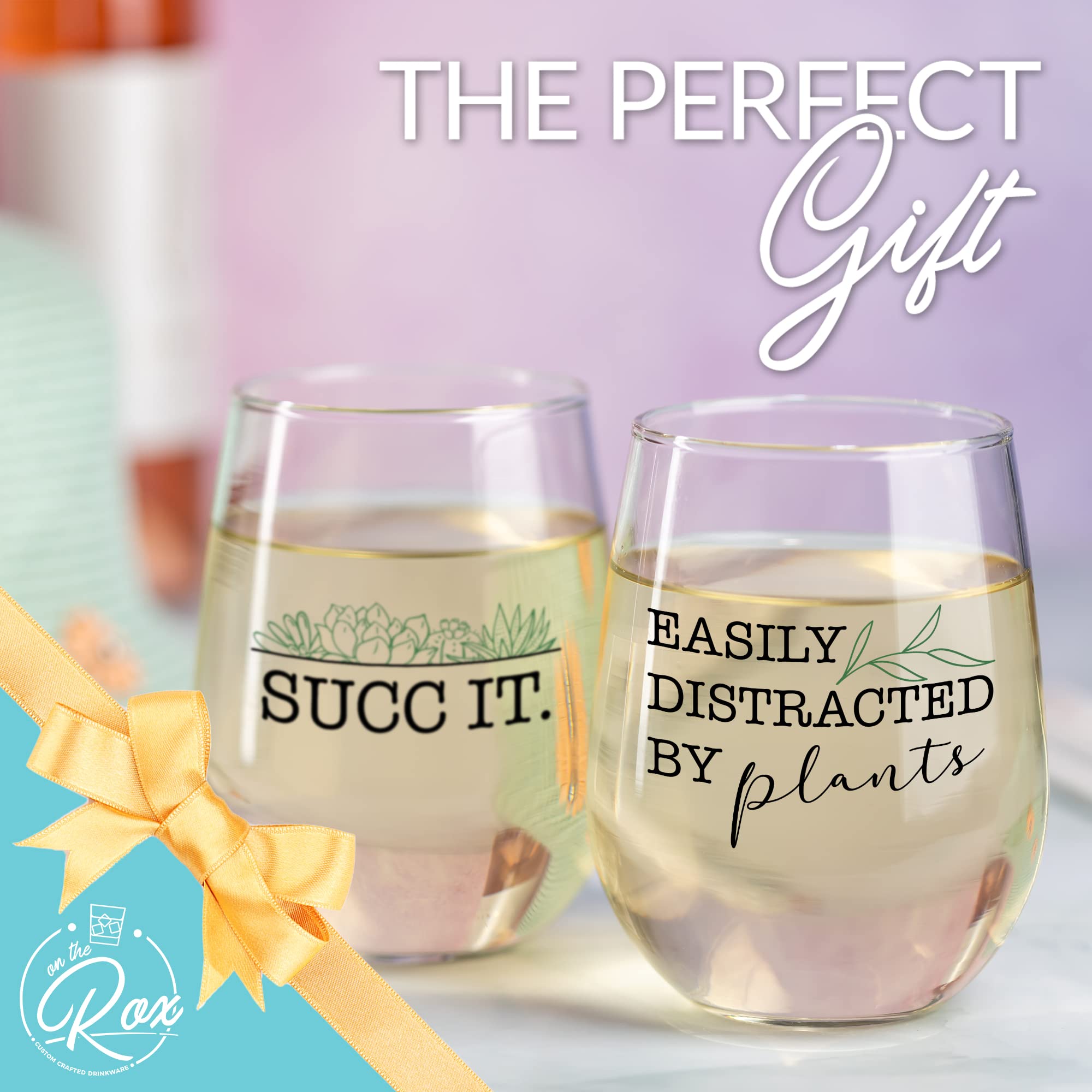 On The Rox Drinks Plant Lady Succulent Cactus Gifts for Women- Set of 2 Funny Wine Glasses 15oz (Easily Distracted by Plants - S**c It)