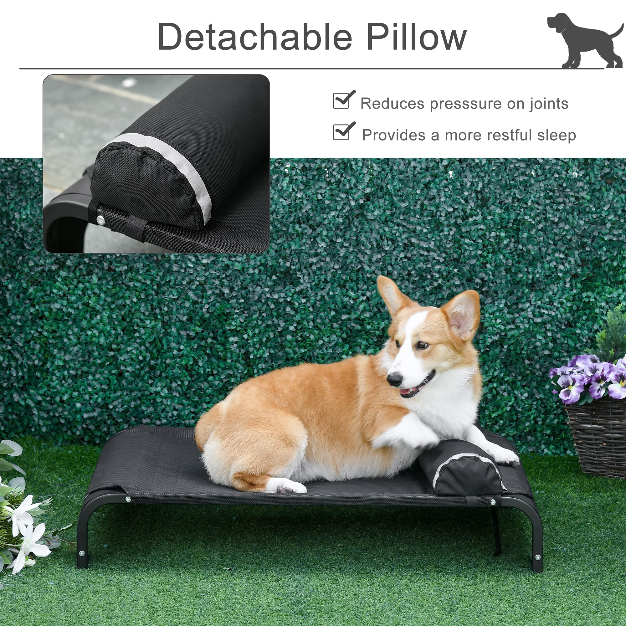 PawHut Elevated Dog Bed w/Removable Pillow, Raised Pet Bed w/Steel Frame & Breathable Mesh Fabric for Large and Medium Sized Dogs, Black