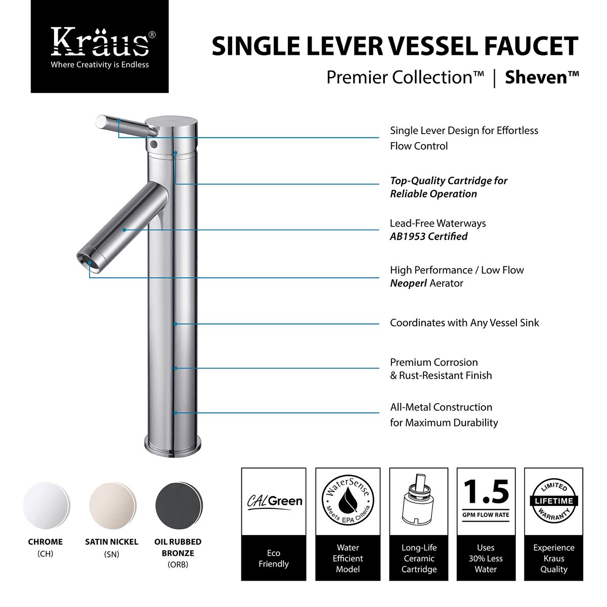 Kraus FVS-1002ORB Sheven Single Lever Vessel Bathroom Faucet Oil Rubbed Bronze
