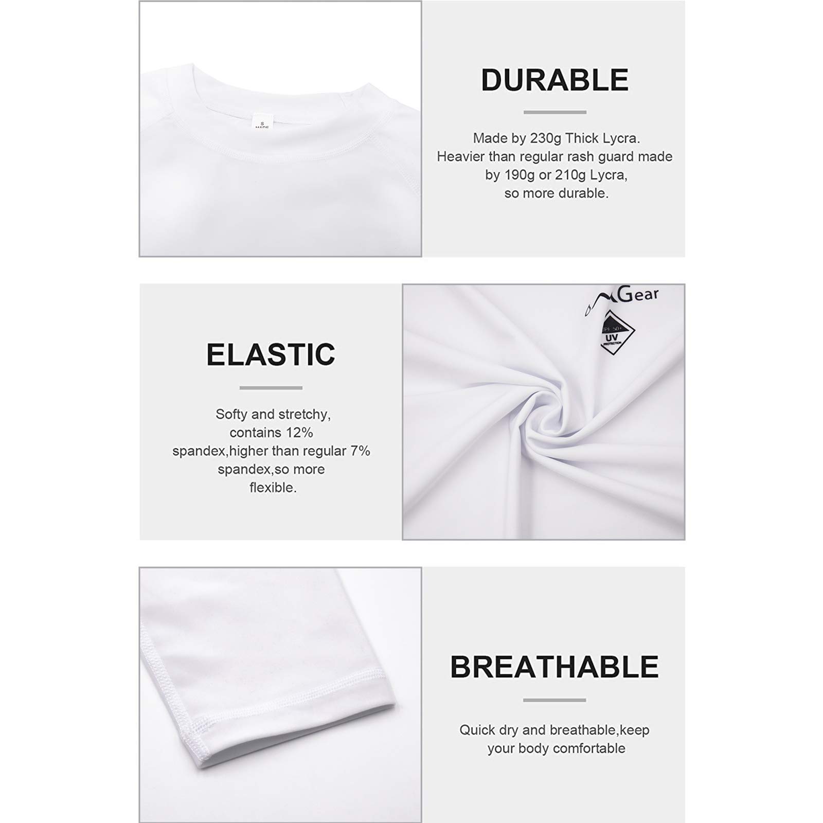 OMGear Rash Guard Swim Shirt Sun Block Short Long Sleeve Surf Tee Swimsuit Top (White(Short Sleeve), S)