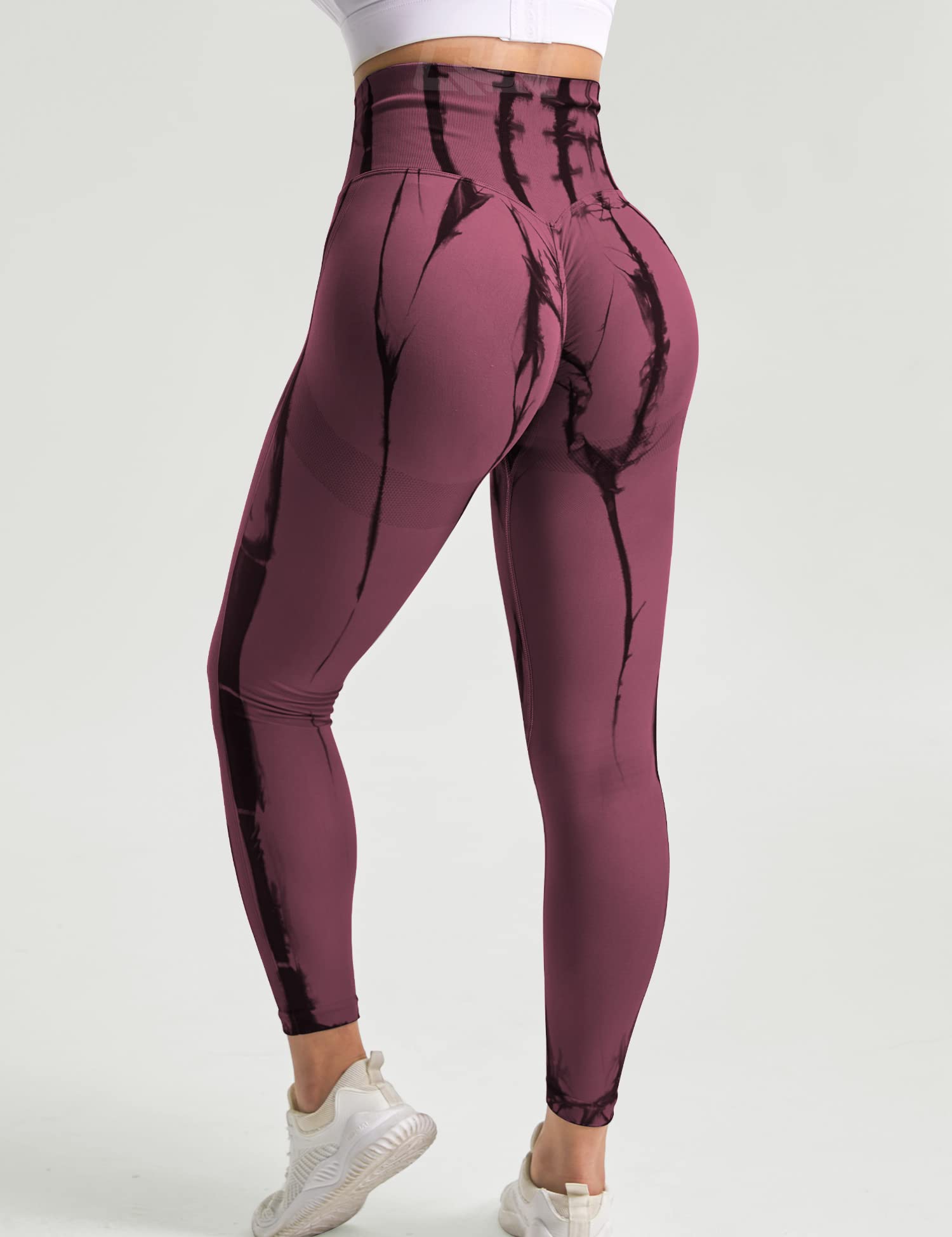 QOQ Womens Tie Dye High Waisted Workout Leggings Seamless Scrunch Booty Butt Lift Yoga Pants Tummy Control Compression Tights Berry M