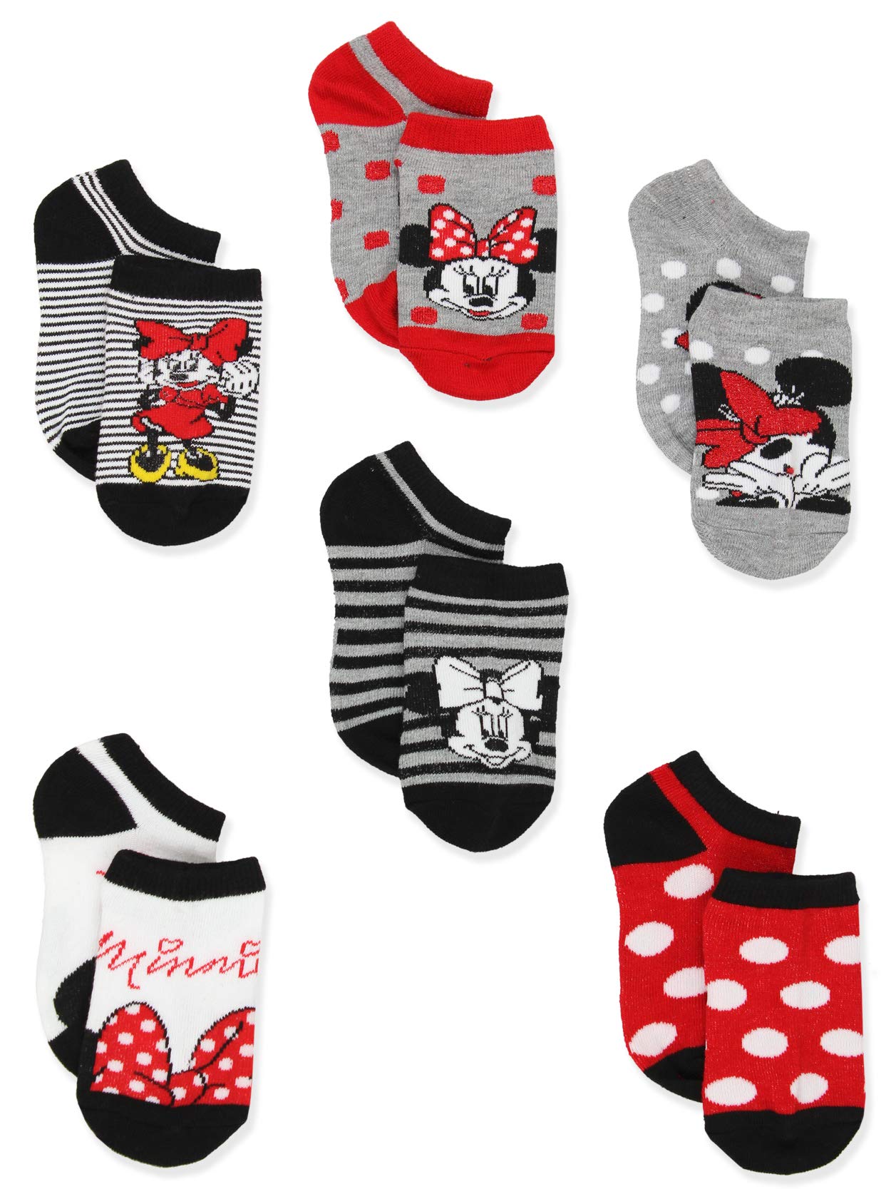 Minnie Mouse Polka Dots and Stripes Girls Toddler 6 pack No Show Socks (Shoe Size: 10-4 (Sock: 6-8), Grey)