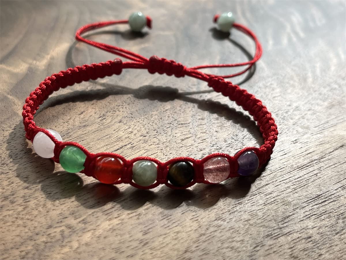 Qordelia 925 Sterling Silver Lucky Flower with 7 Chakra Gem Red String Bracelet Birthday Gift Mother's Day Gift, Adjustable, Size 2, Adjustable