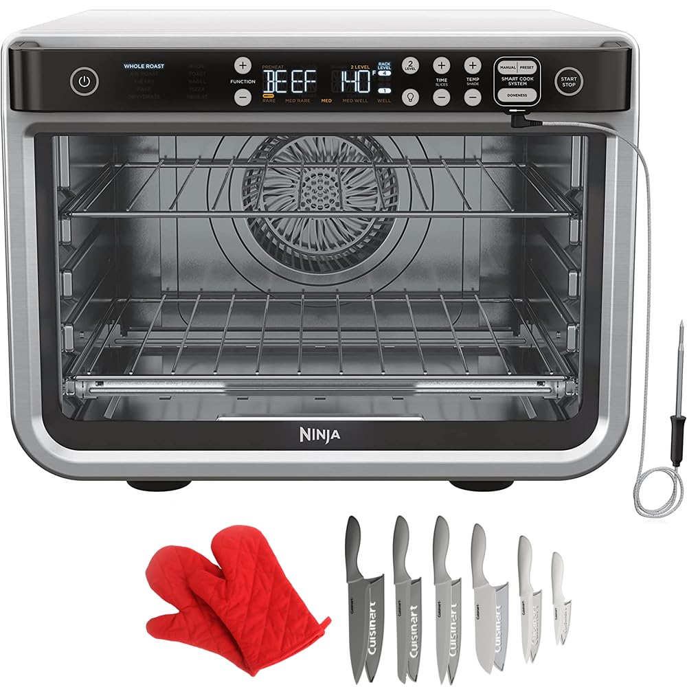 Ninja DT2550 Foodi 10-in-1 Smart XL Air Fry Oven (Renewed) Bundle with Deco Chef Pair of Red Heat Resistant Oven Mitt and Cuisinart Advantage 12-Piece Gray Knife Set with Blade Guards