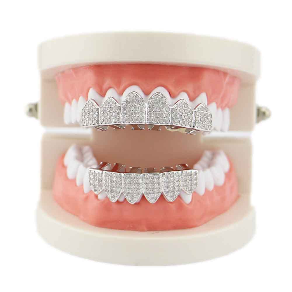 Psivika Diamond Grills Gold Plated Shiny Hip Hop Teeth Grillz Caps Iced Out CZ Top and Bottom Vampire Fangs Grillz for Men and Women (Silver)