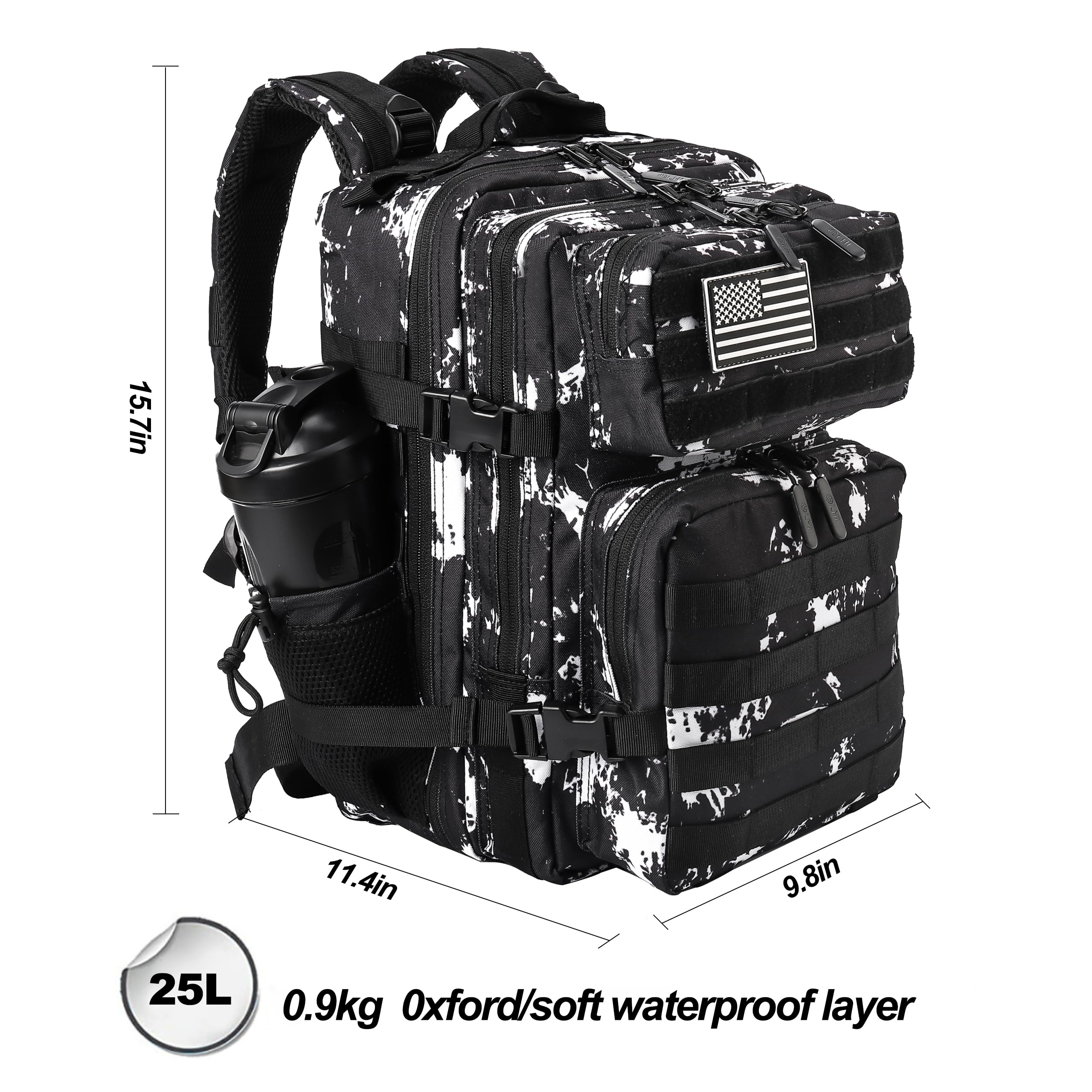 LHI Tactical Military Backpack for Men and Women 25L Army Assault Pack Bag Large Rucksack with Molle System - Black Lightning