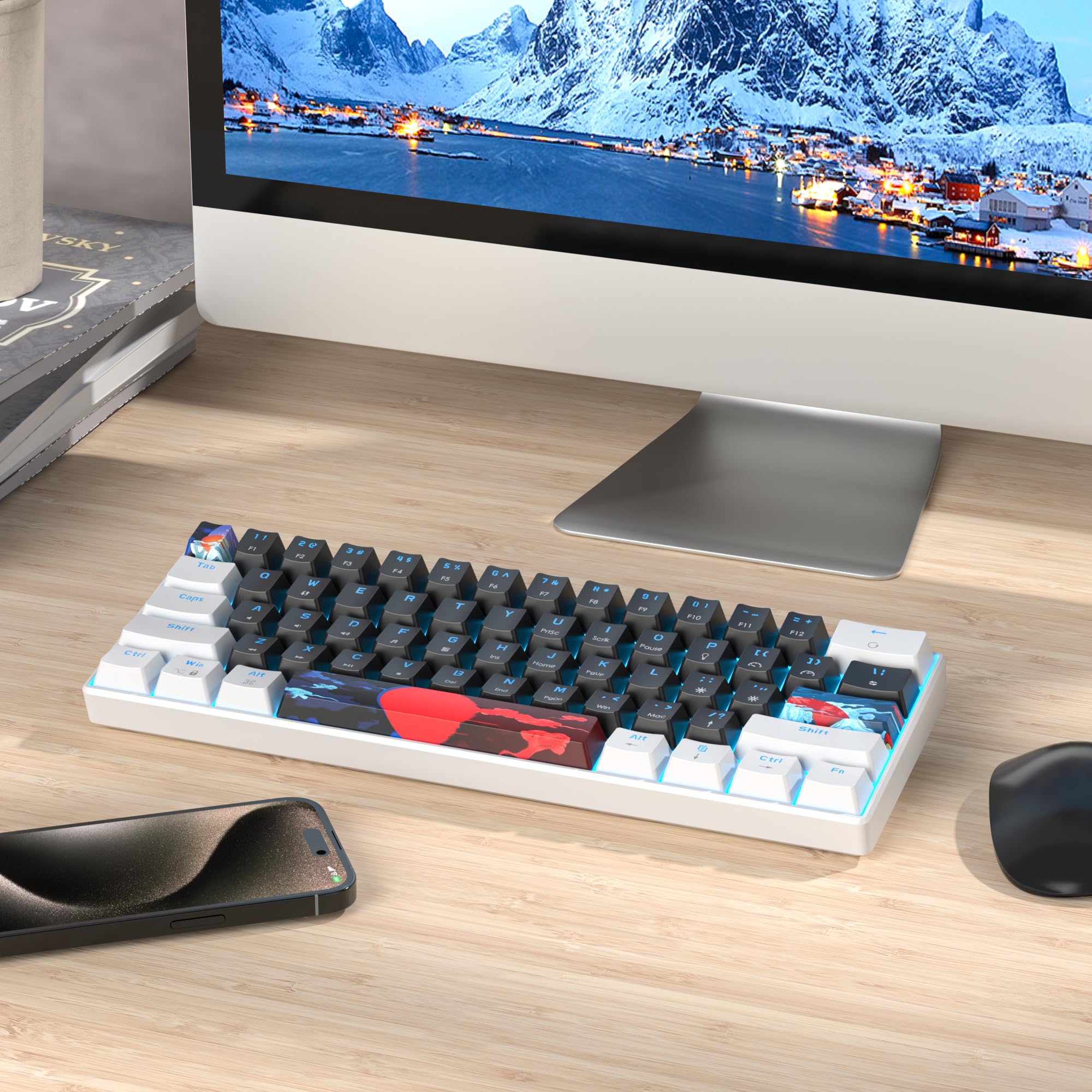 Ussixchare 60% Mechanical Keyboard Mini Gaming Keyboard 60 Percent with Red Switch Wired Type-C Cable Mini Keyboard with Blue Light Backlight for Laptop/PC Gamer(Black-White)
