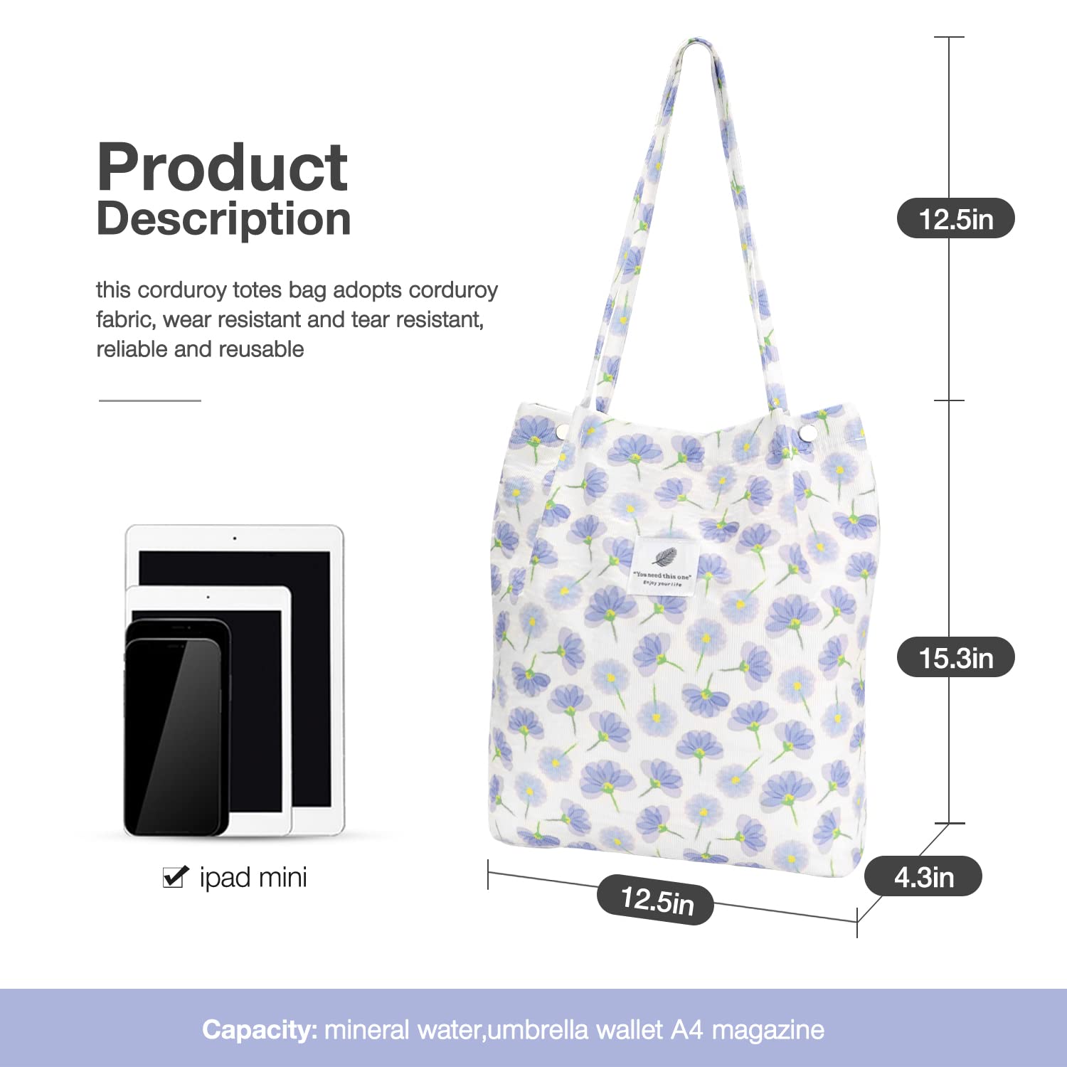 LHMTQVK Corduroy Tote Bags for Women, Large Capacity Corduroy Bag Reusable Grocery Shoulder Bag with Inner Pockets(Forget Me Not)