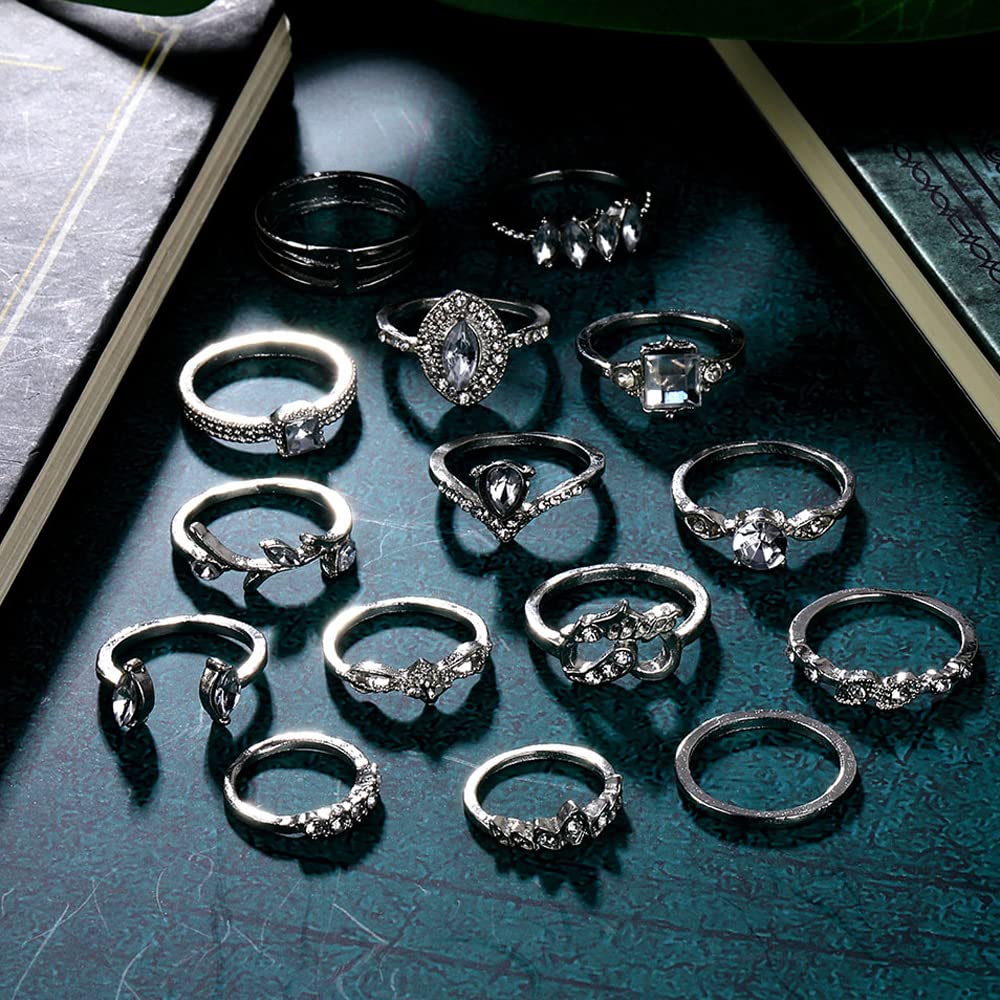 Missgrace Vintage Boho Womens Silver Leaf Open Rhinestones Knuckle Rings for Girls Stackable Midi Joint Finger Ring Set Hollow Carved Flowers for Women 15Pcs (Style 3)